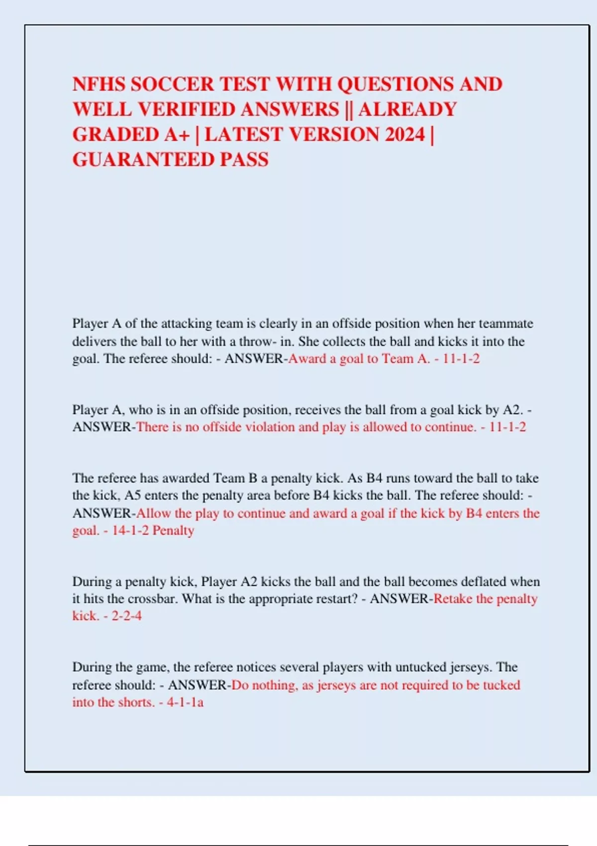 NFHS SOCCER TEST WITH QUESTIONS AND WELL VERIFIED ANSWERS || ALREADY ...