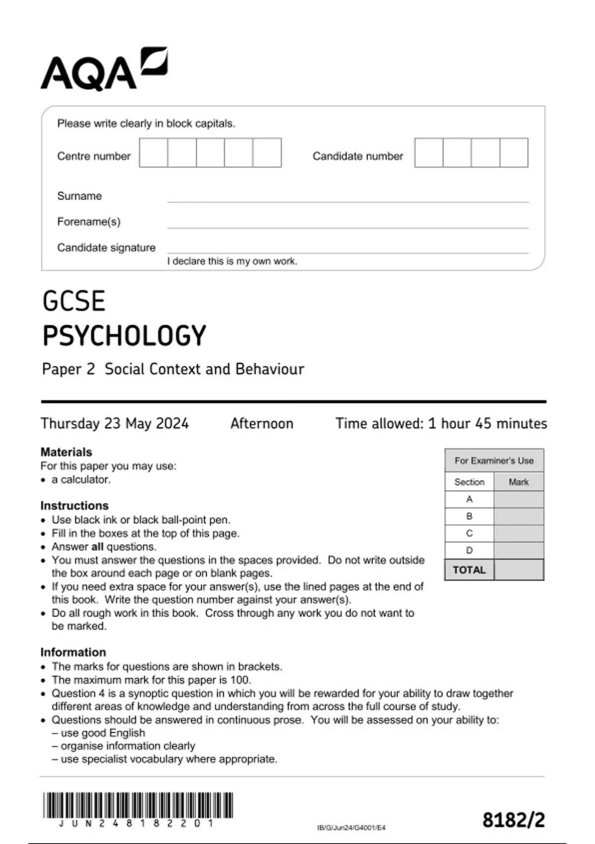 AQA GCSE PSYCHOLOGY Paper 2 JUNE 2024 QUESTION PAPER - GCSE PSYCHOLOGY ...