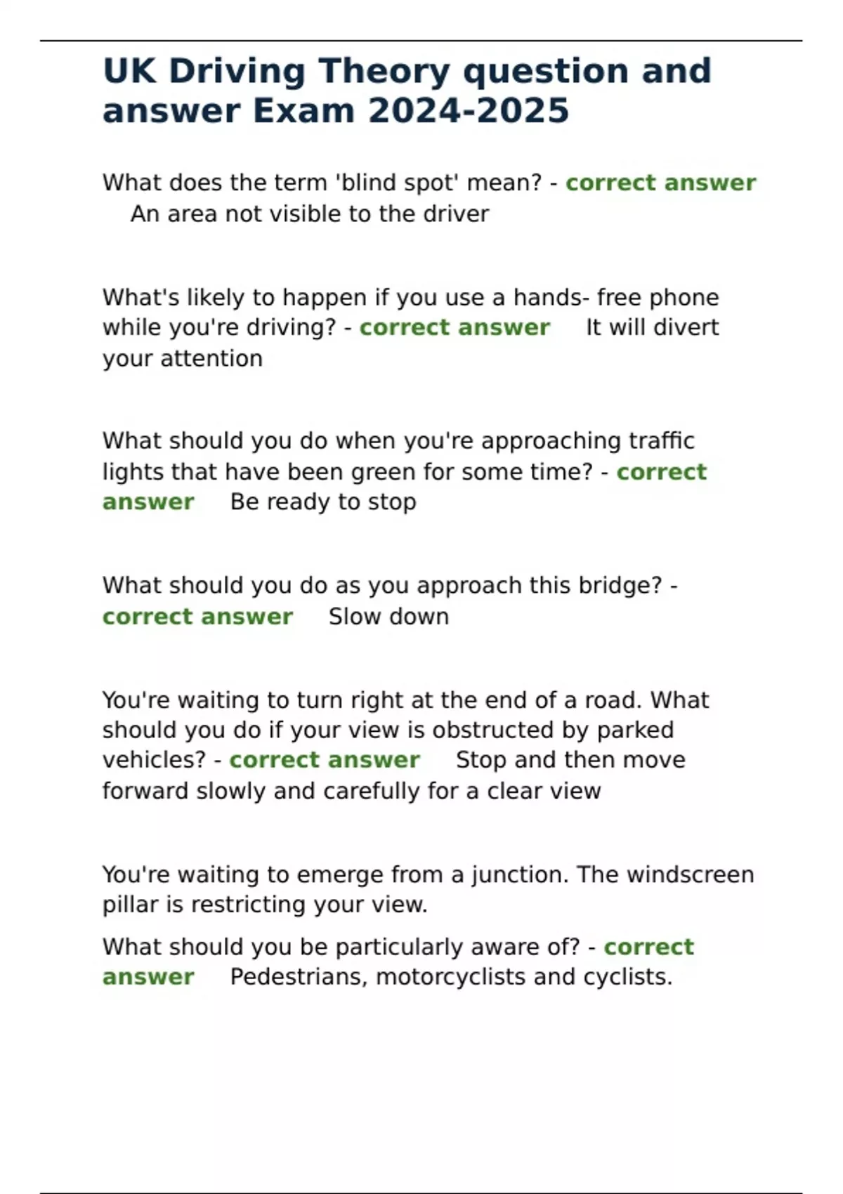 UK Driving Theory question and answer Exam - Driving course - Stuvia US