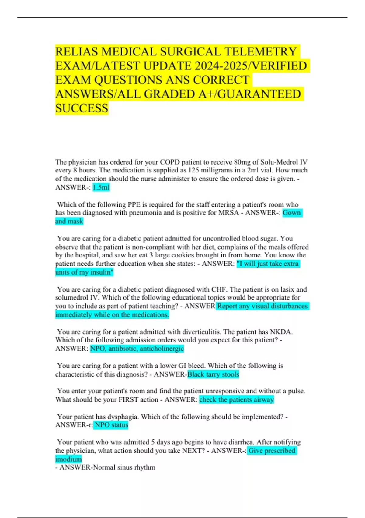 RELIAS MEDICAL SURGICAL TELEMETRY EXAM/LATEST UPDATE /VERIFIED EXAM ...