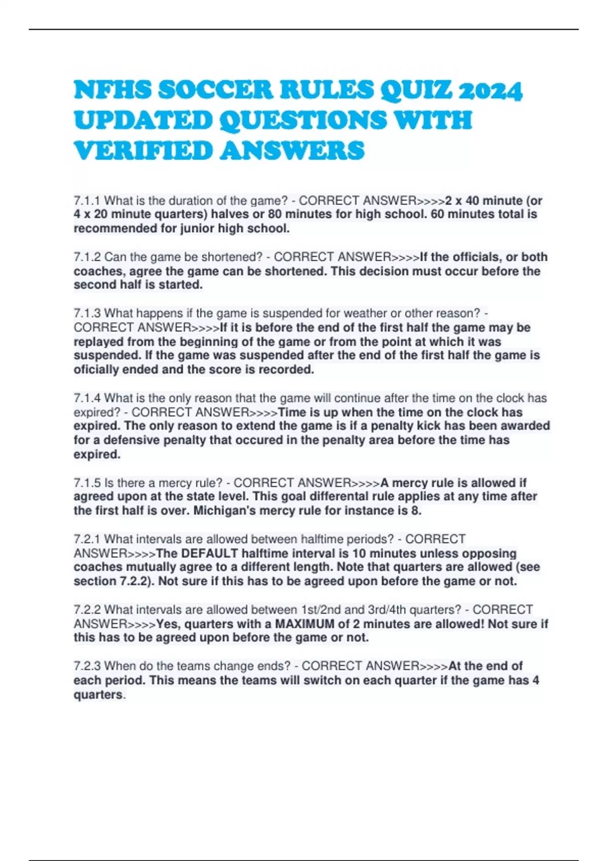 NFHS SOCCER RULES QUIZ 2024 UPDATED QUESTIONS WITH VERIFIED ANSWERS ...