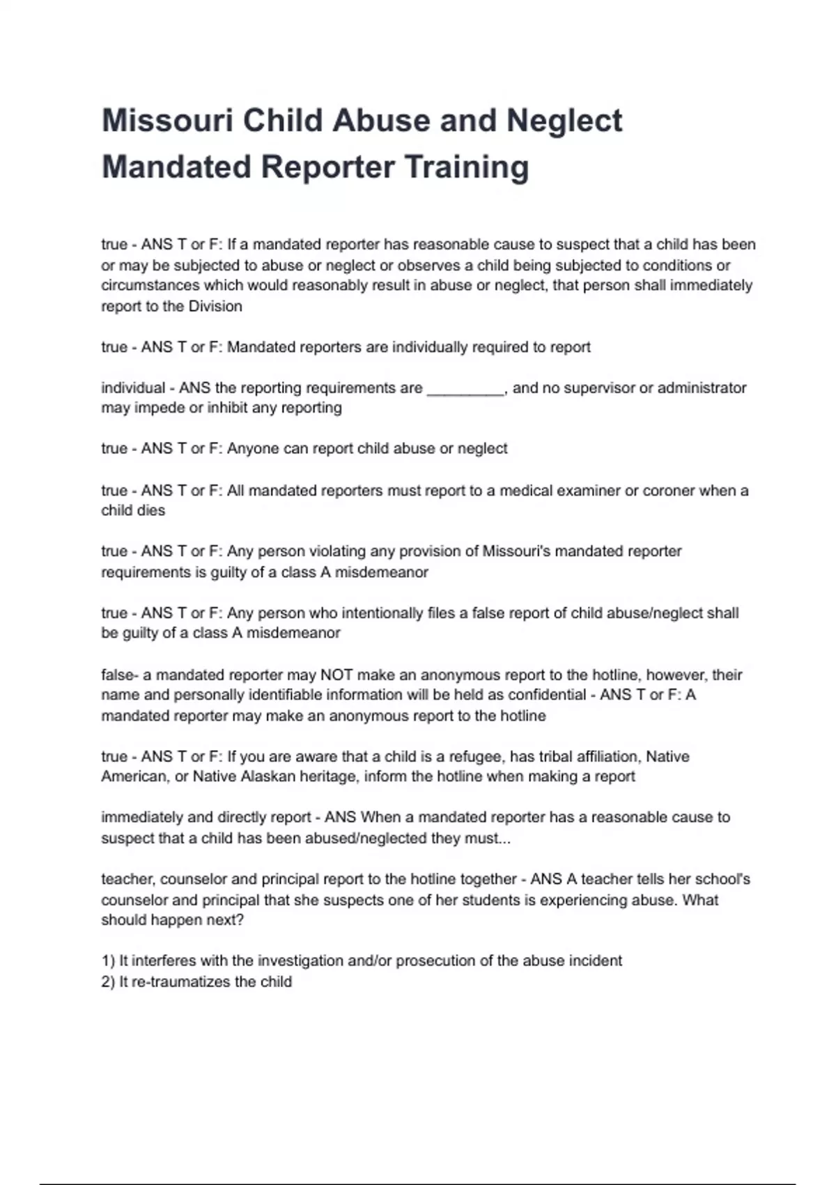 Missouri Child Abuse and Neglect Mandated Reporter Training Exam 2024/ ...