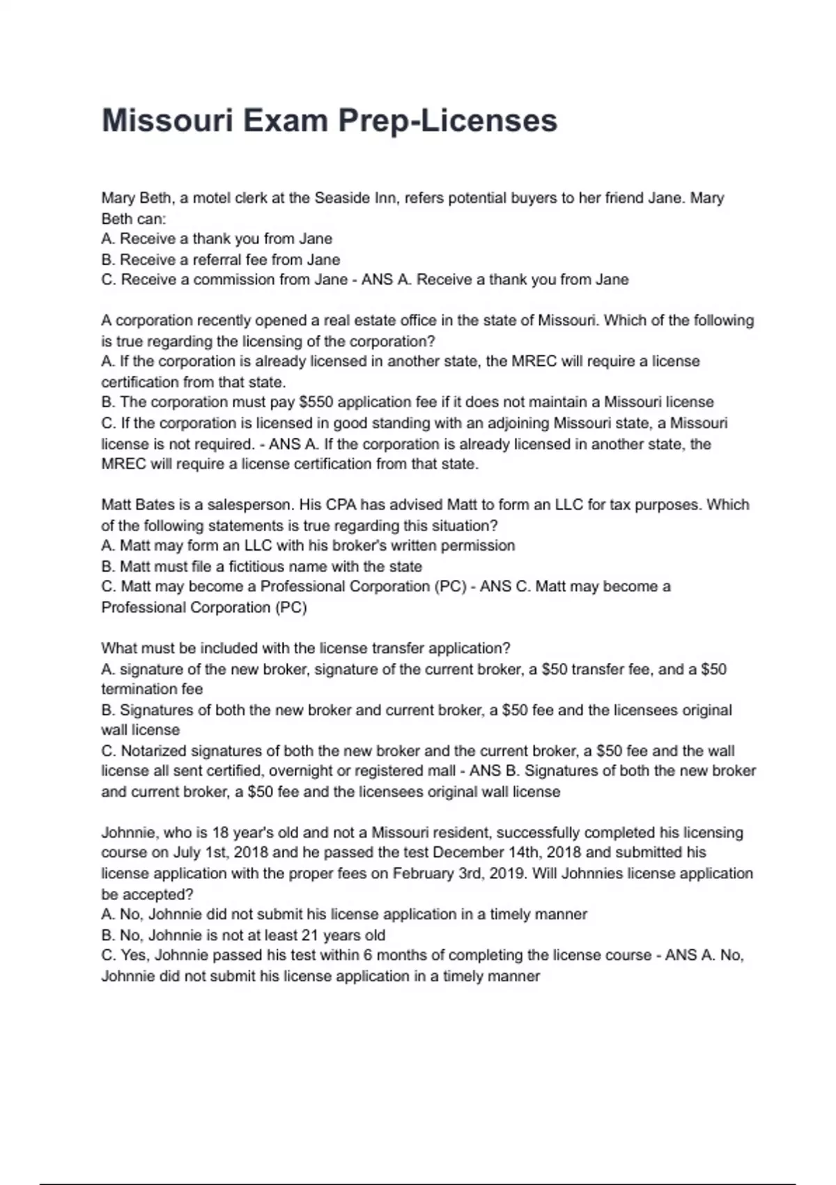 Missouri Exam Prep-Licenses Exam 2024/2025 Questions With Completed ...