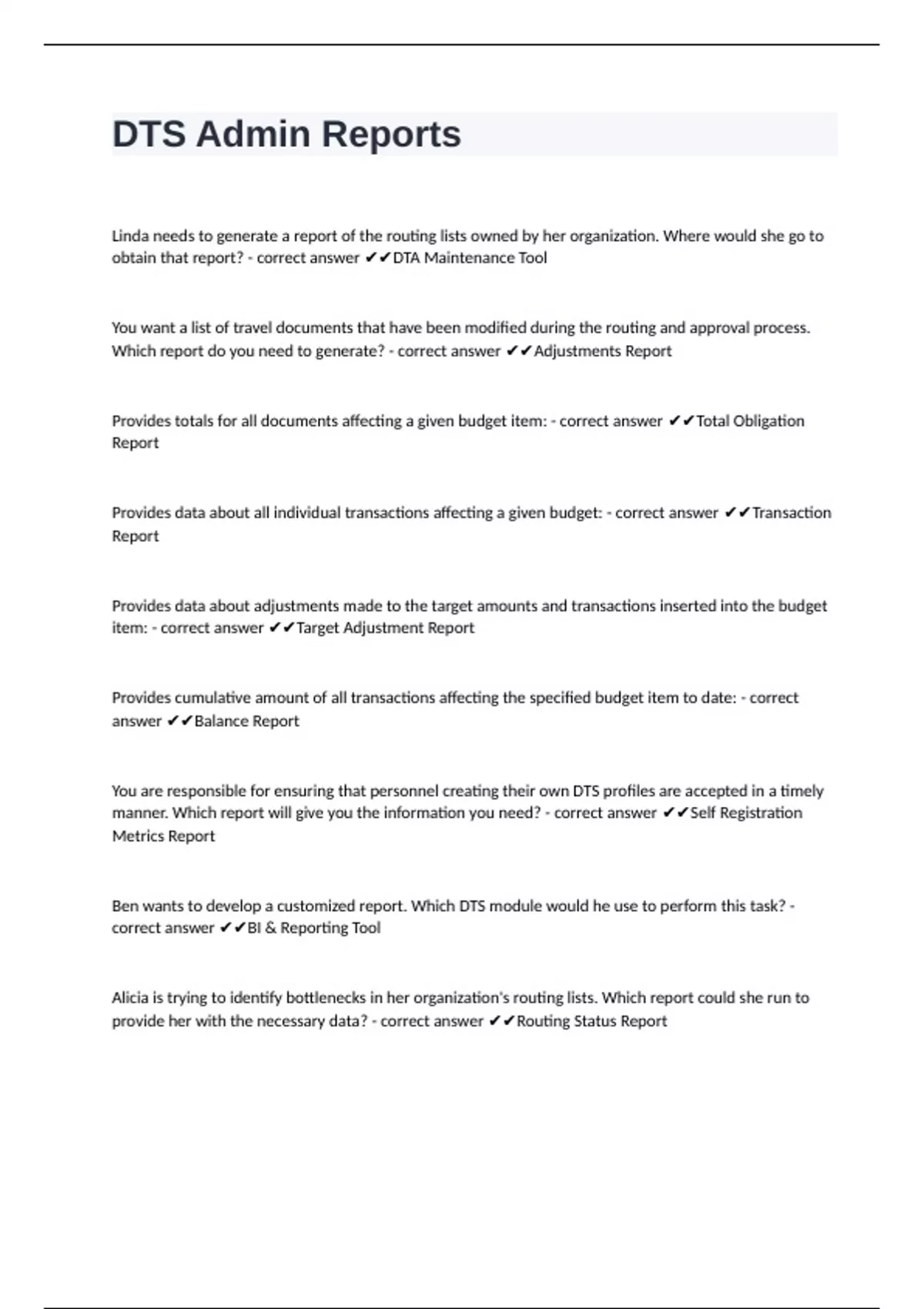 DTS Admin Reports questions with 100% correct answers - DTS - Stuvia NL