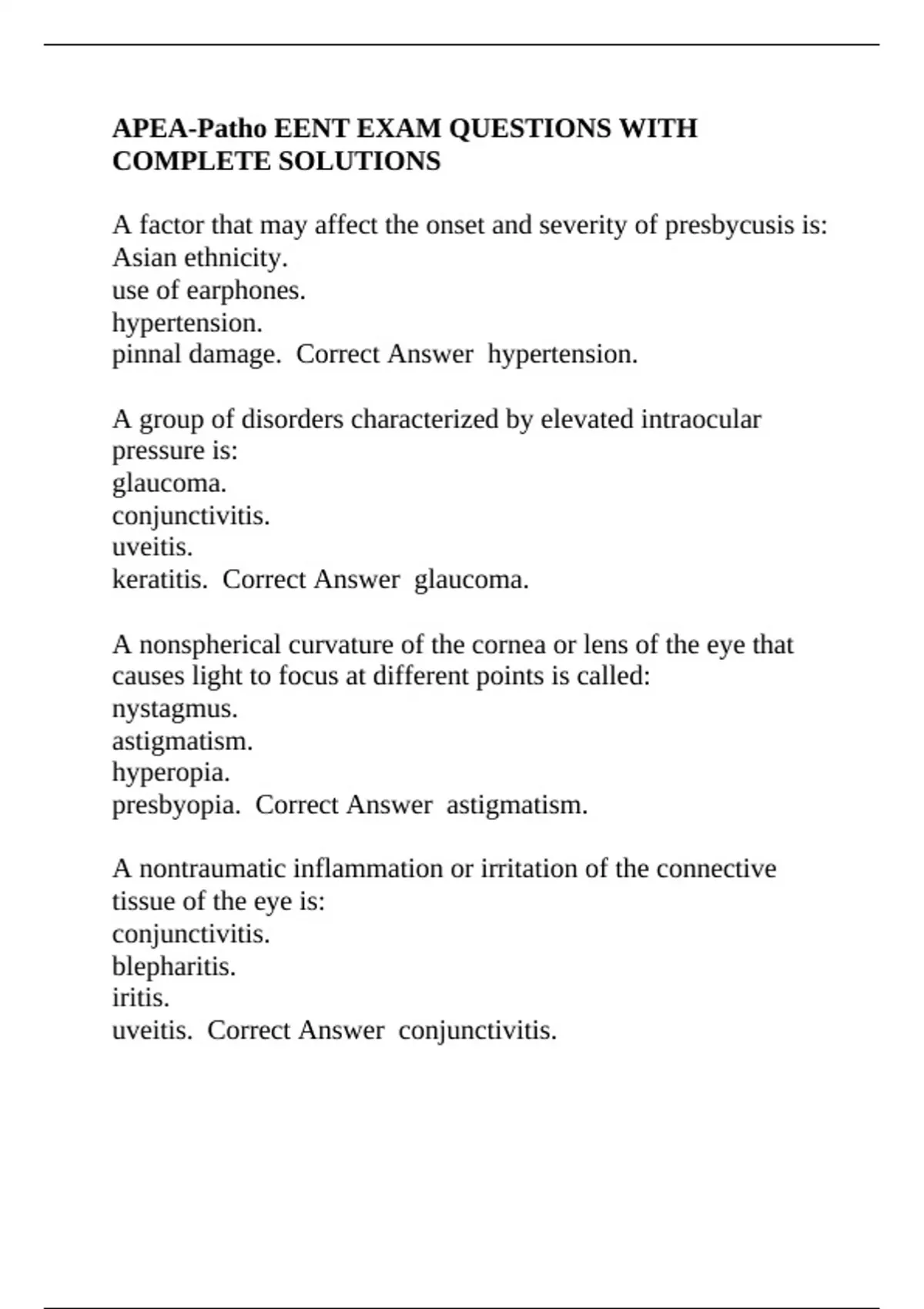 APEA-Patho EENT EXAM QUESTIONS WITH COMPLETE SOLUTIONS - Apea - Stuvia US