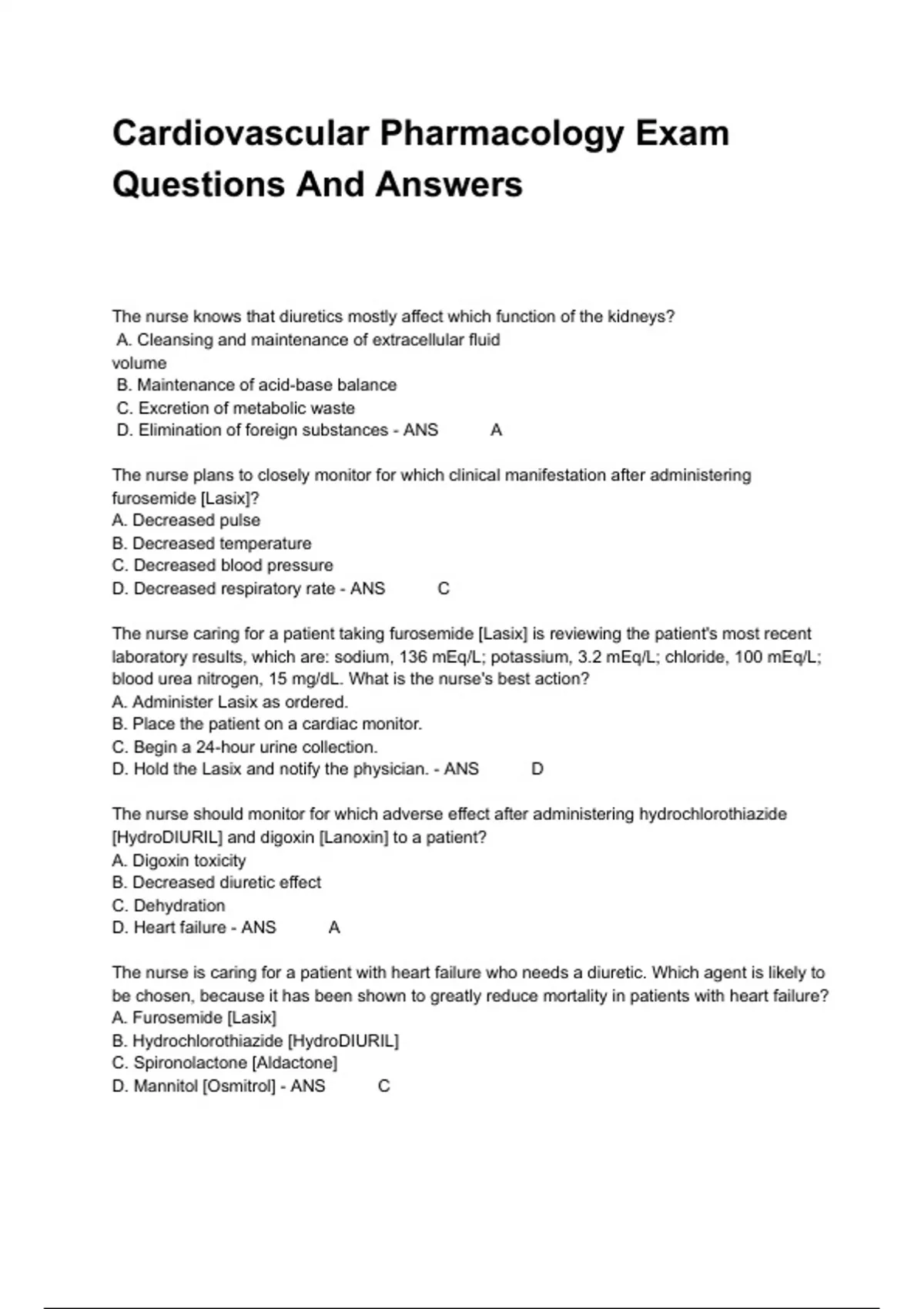 Cardiovascular Pharmacology Exam Questions And Answers - Pharmacology ...