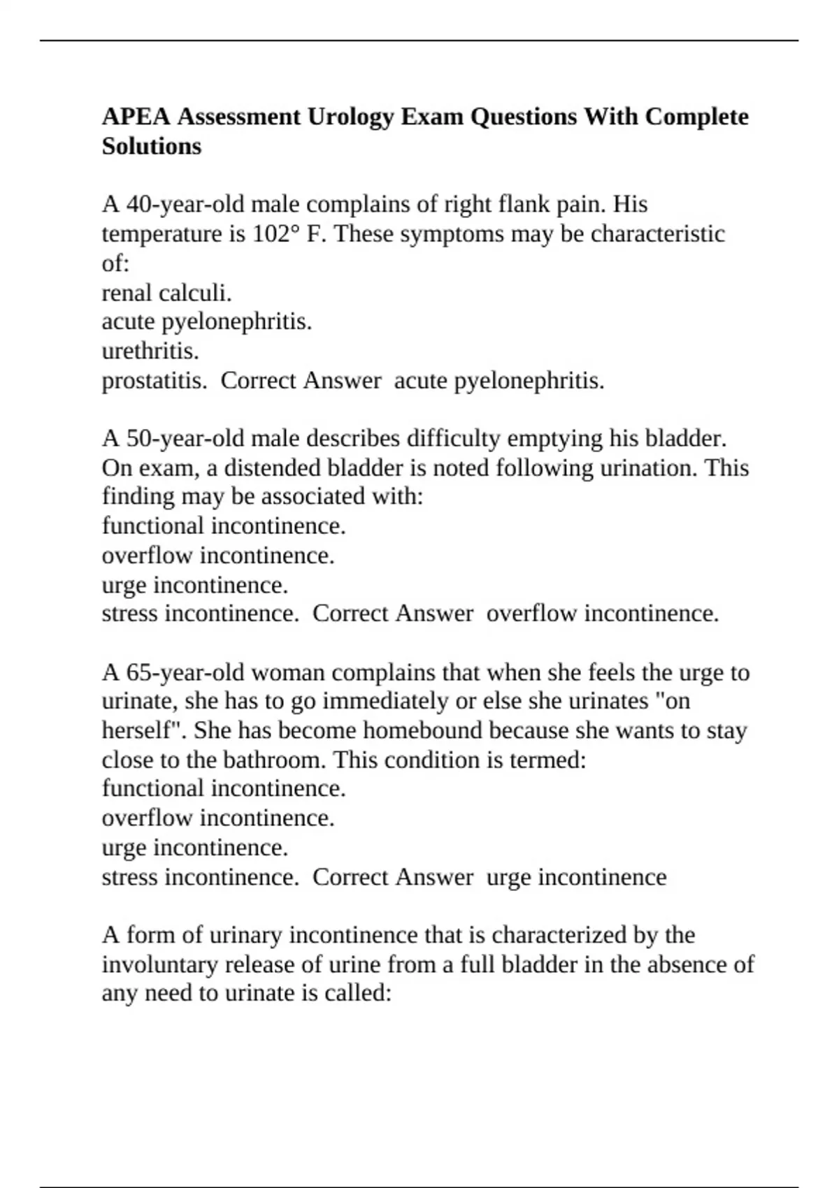 APEA Assessment Urology Exam Questions With Complete Solutions - Apea ...