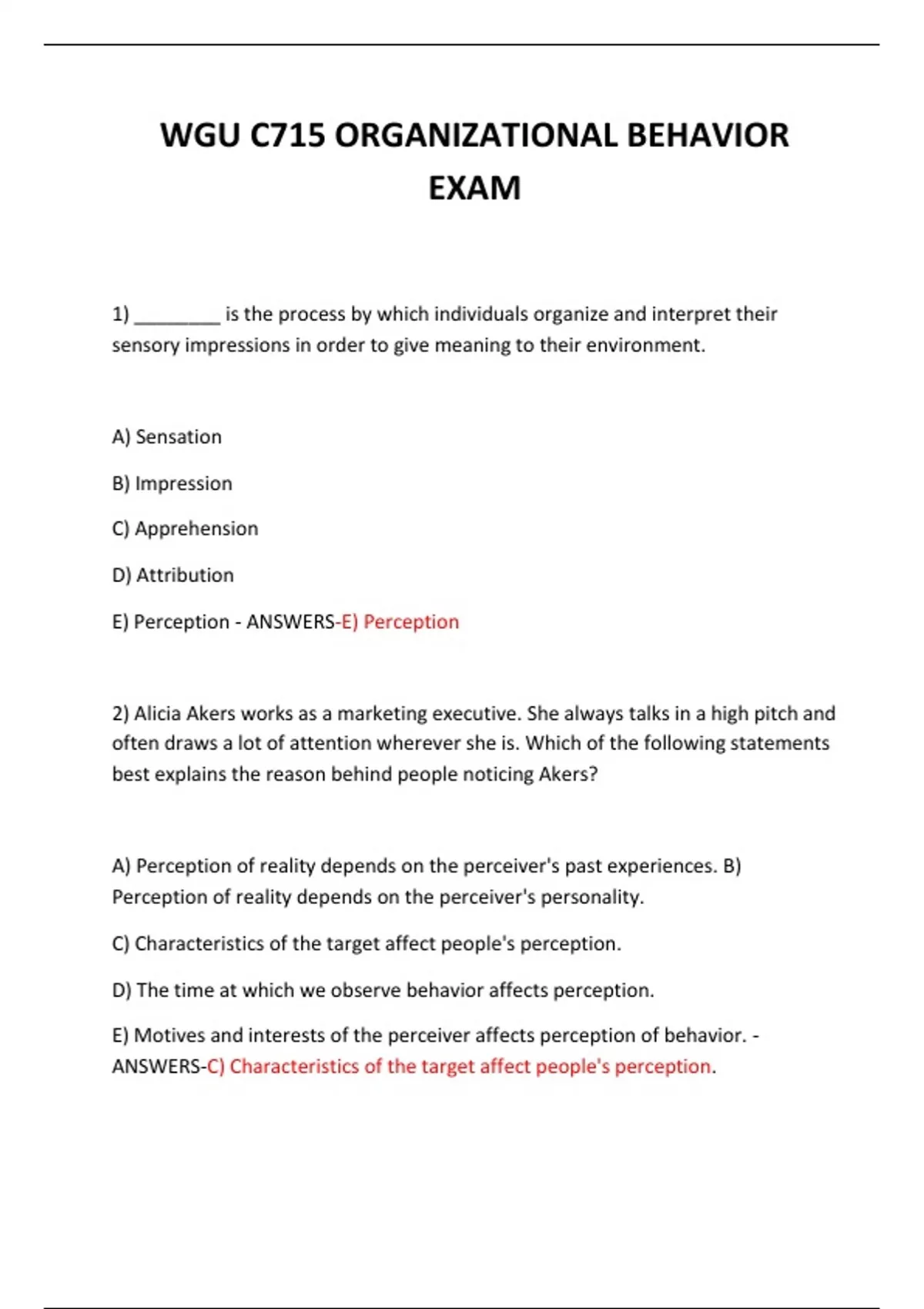 WGU C715 ORGANIZATIONAL BEHAVIOR EXAM QUESTIONS AND ANSWERS 2024 - WGU ...