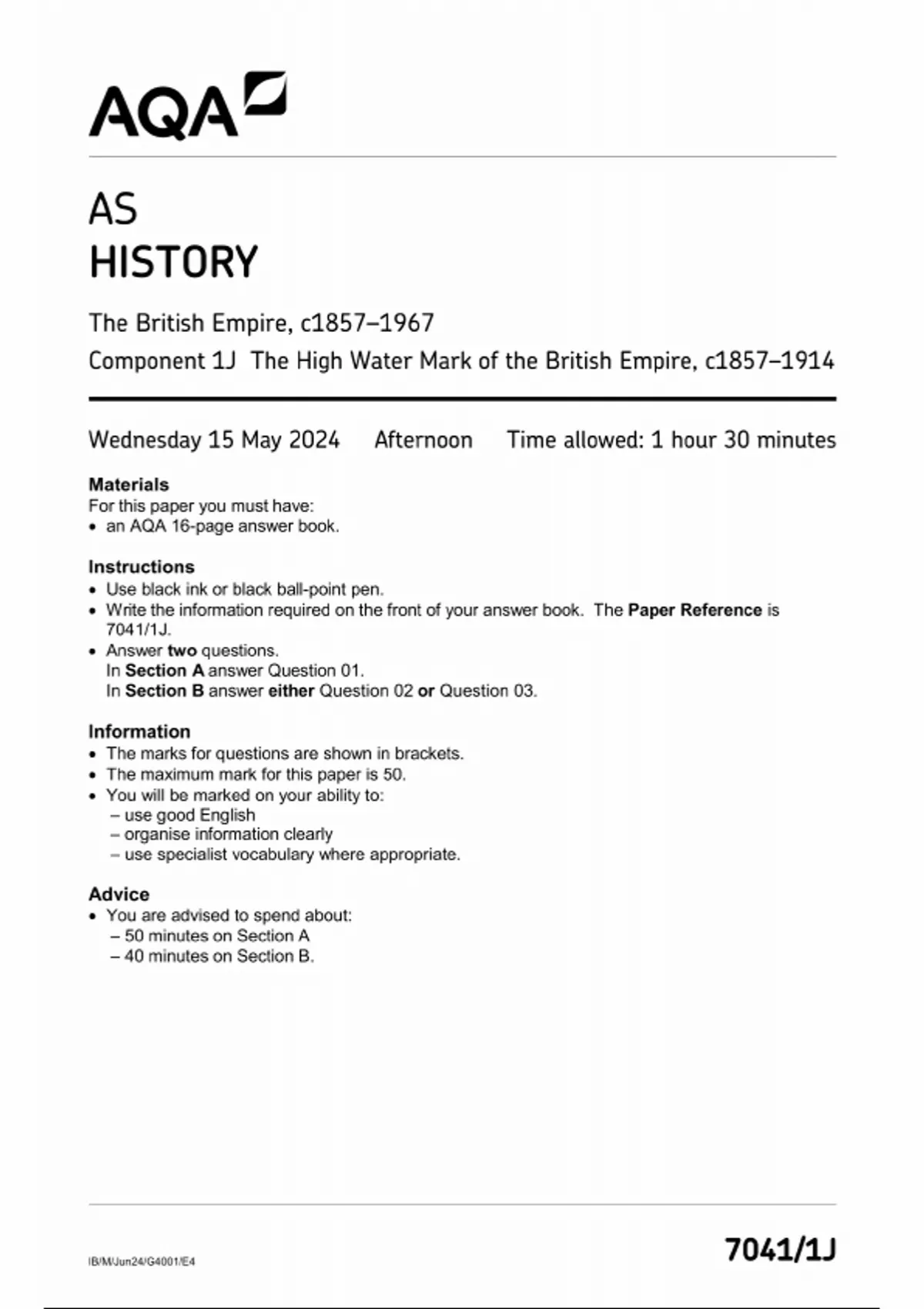 AQA AS HISTORY QUESTION PAPER 1J 2024(7041/1J The British Empire,c ...