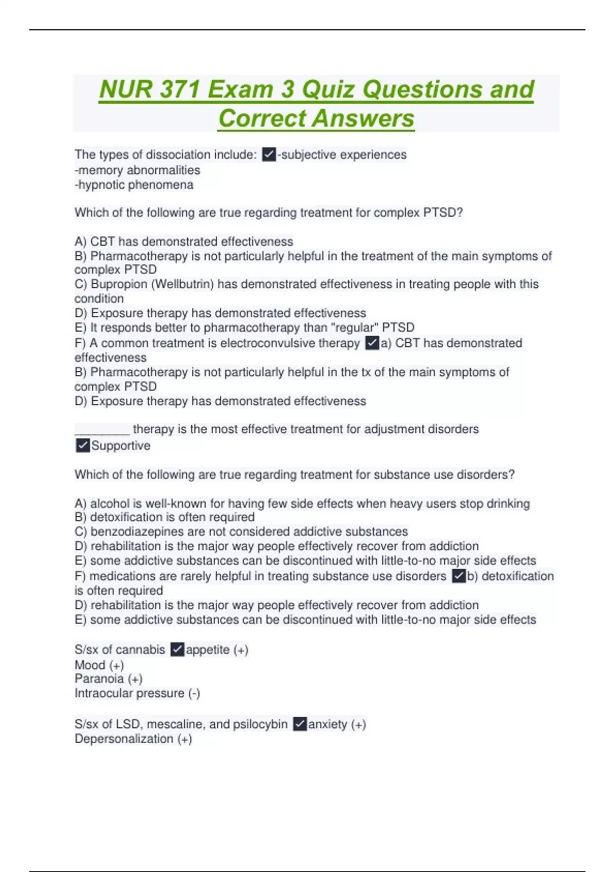 NUR 371 Exam 3 Quiz Questions and Correct Answers - NUR 371 - Stuvia US