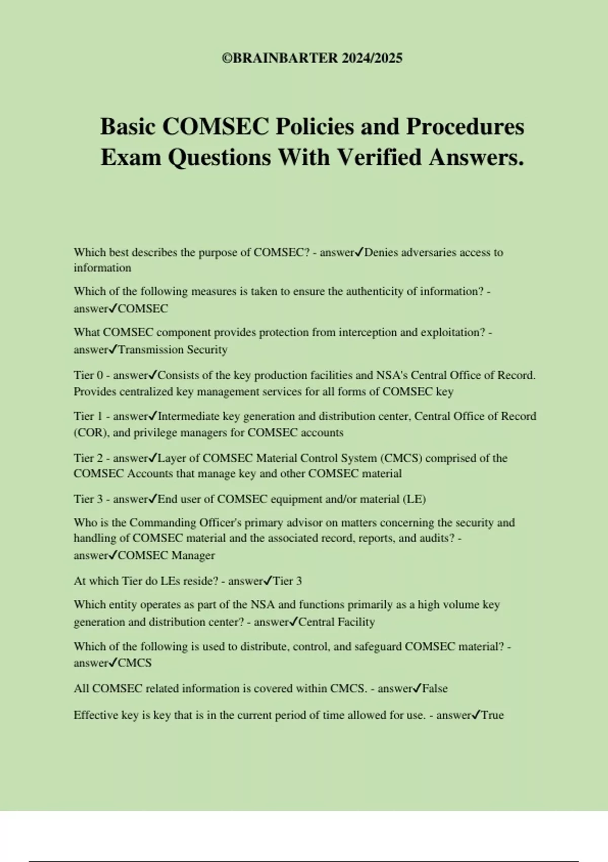 Basic COMSEC Policies and Procedures Exam Questions With Verified Answers. - COMSEc - Stuvia US