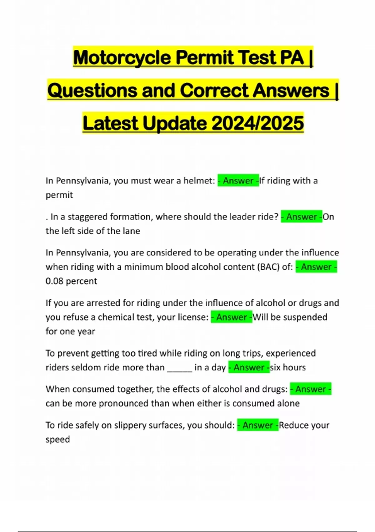 Motorcycle Permit Test PA | Questions and Correct Answers | Latest ...