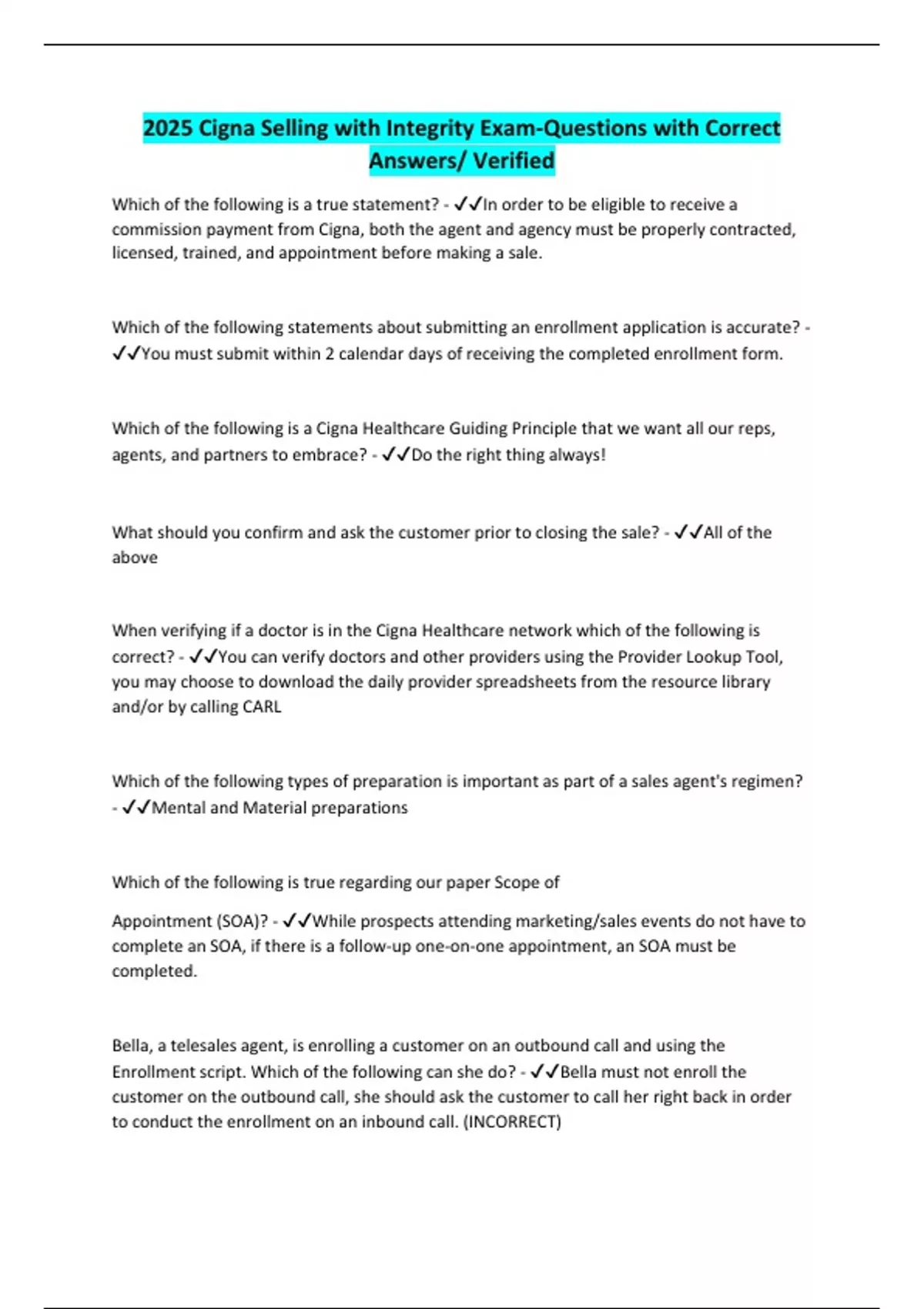 2025 Cigna Selling with Integrity Exam-Questions with Correct Answers ...