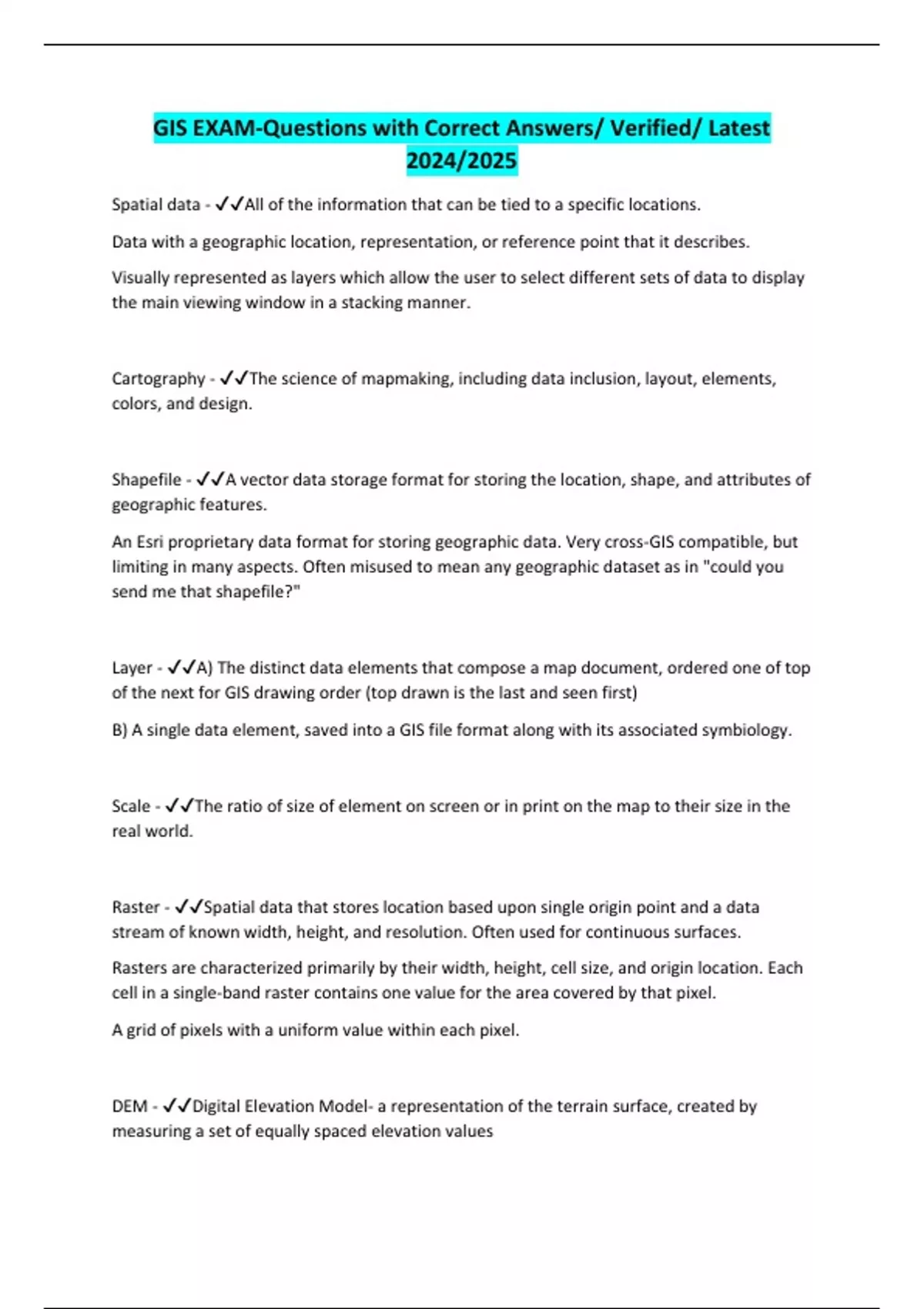 GIS EXAM-Questions with Correct Answers/ Verified/ Latest 2024/2025 ...