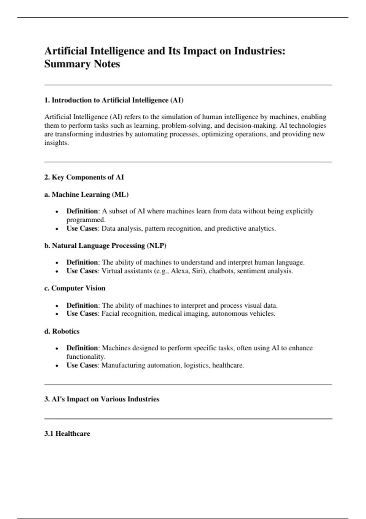 Summary Artificial Intelligence and Its Impact on Industries - Artificial Intelligence - Stuvia US