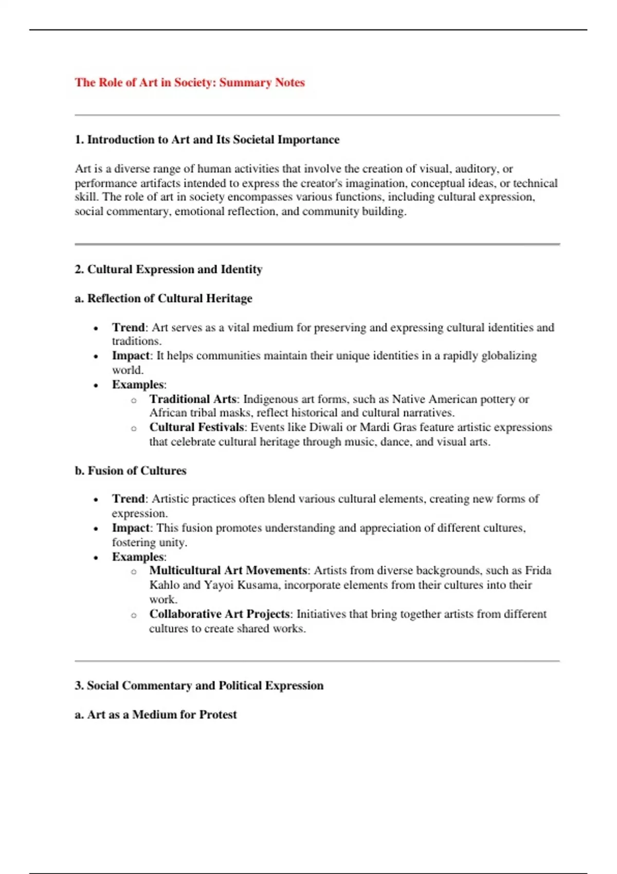 Summary ROLE OF ART - Role of ART IN THE SOCIETY - Stuvia US