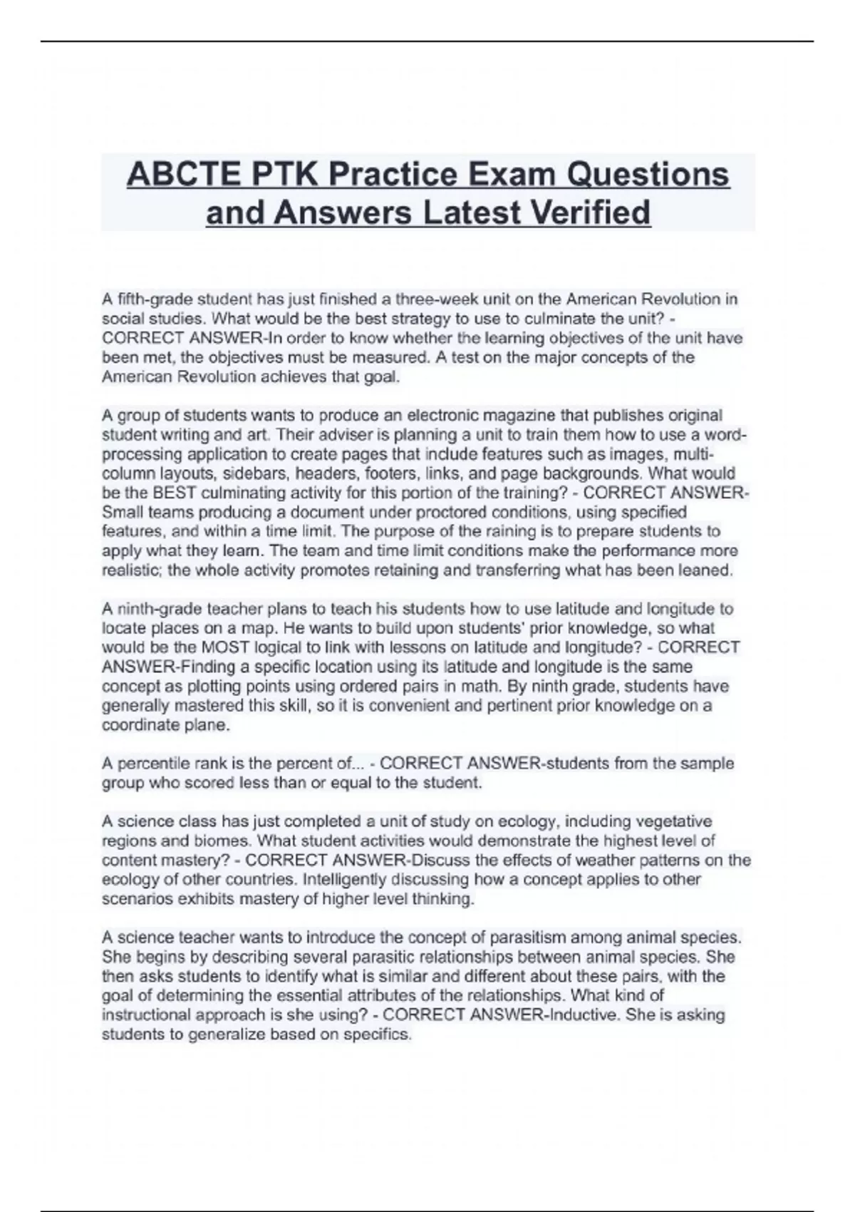 Package deal for PTK Practice ABCTE Final Exam Questions and Answers ...