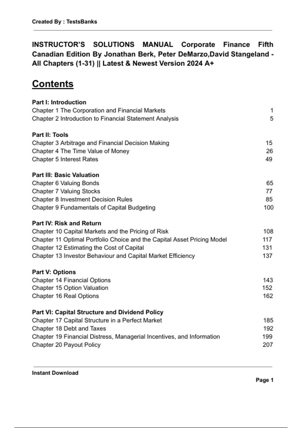 INSTRUCTOR’S SOLUTIONS MANUAL Corporate Finance Fifth Canadian Edition ...