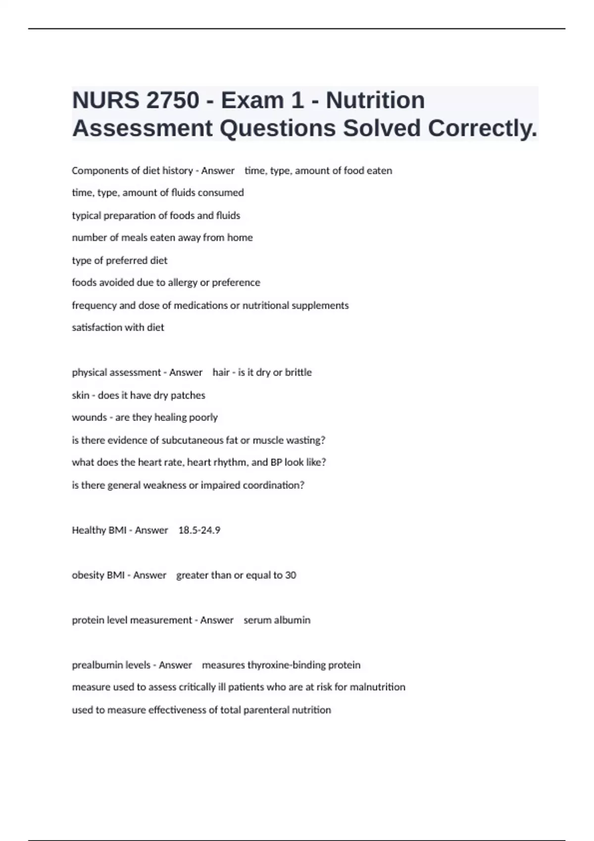NURS 2750 - Exam 1 - Nutrition Assessment Questions Solved Correctly ...