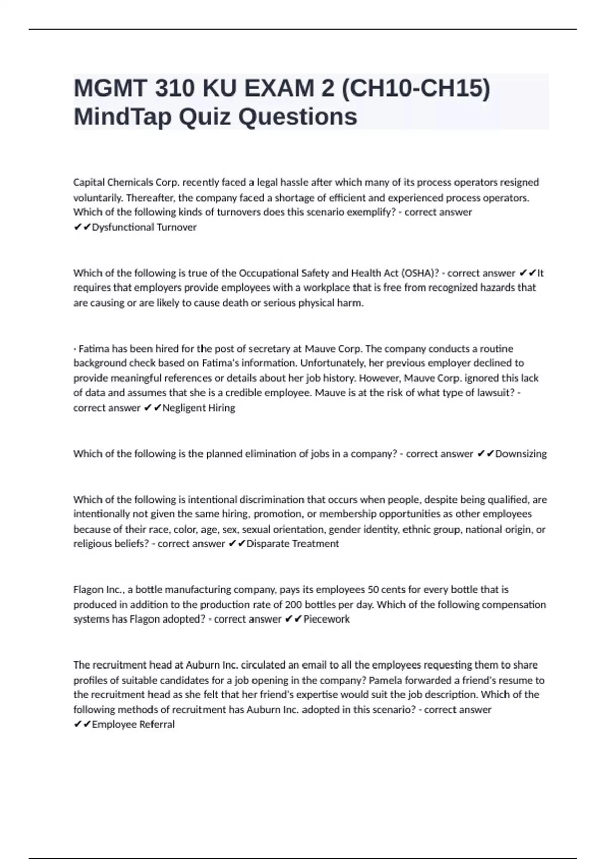 MGMT 310 KU EXAM 2 (CH10-CH15) MindTap Quiz Questions and correct ...