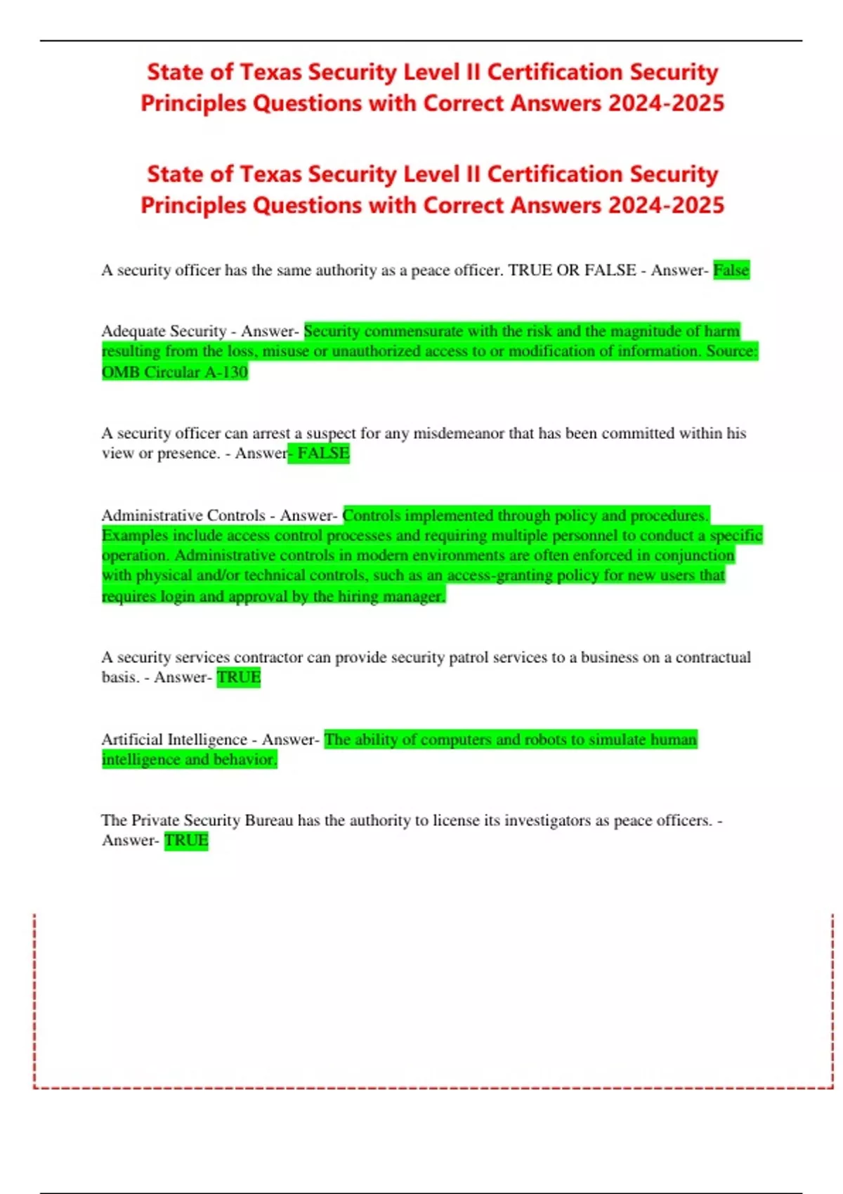 State Of Texas Security Level Ii Certification Security Principles Questions With Correct