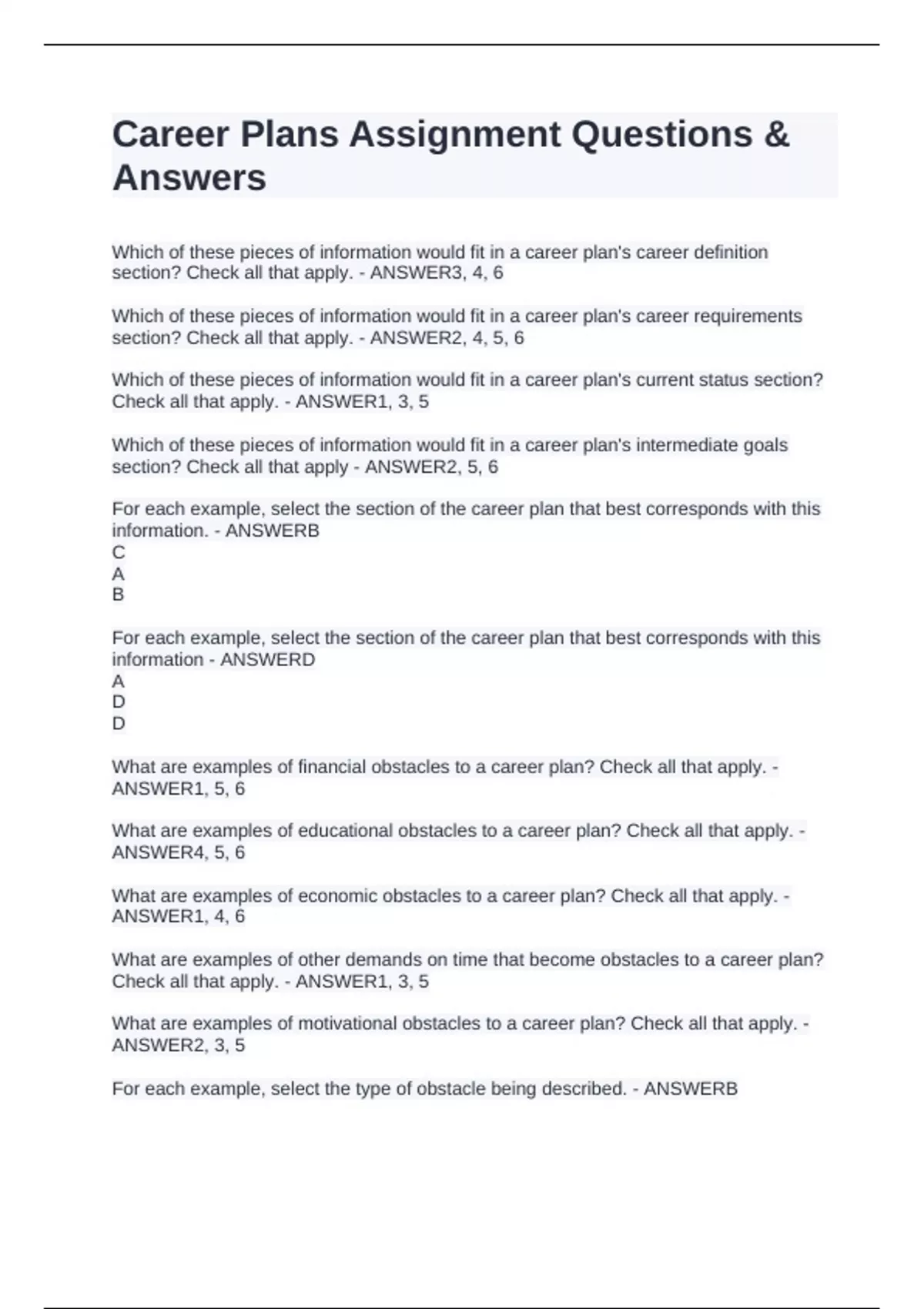Career Plans Assignment Questions & Answers - Career Plans - Stuvia US