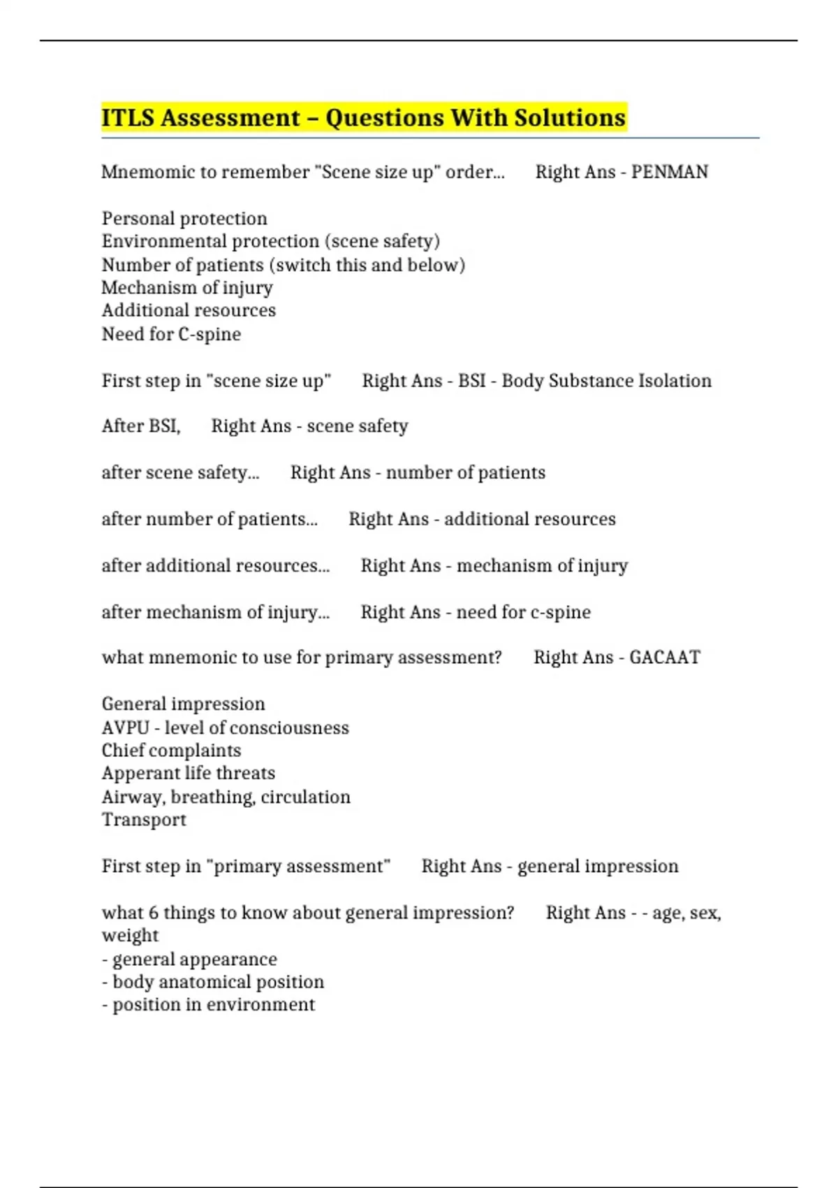 ITLS Assessment – Questions With Solutions - International Trauma Life ...