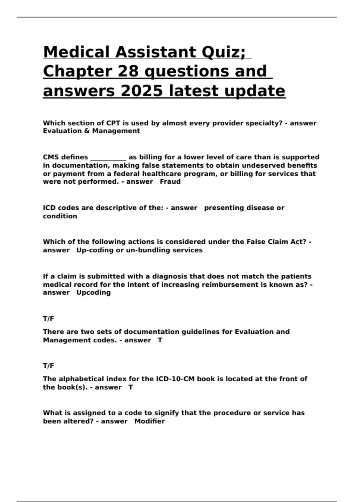 Medical Assistant Quiz Chapter 28 questions and answers 2025 latest ...