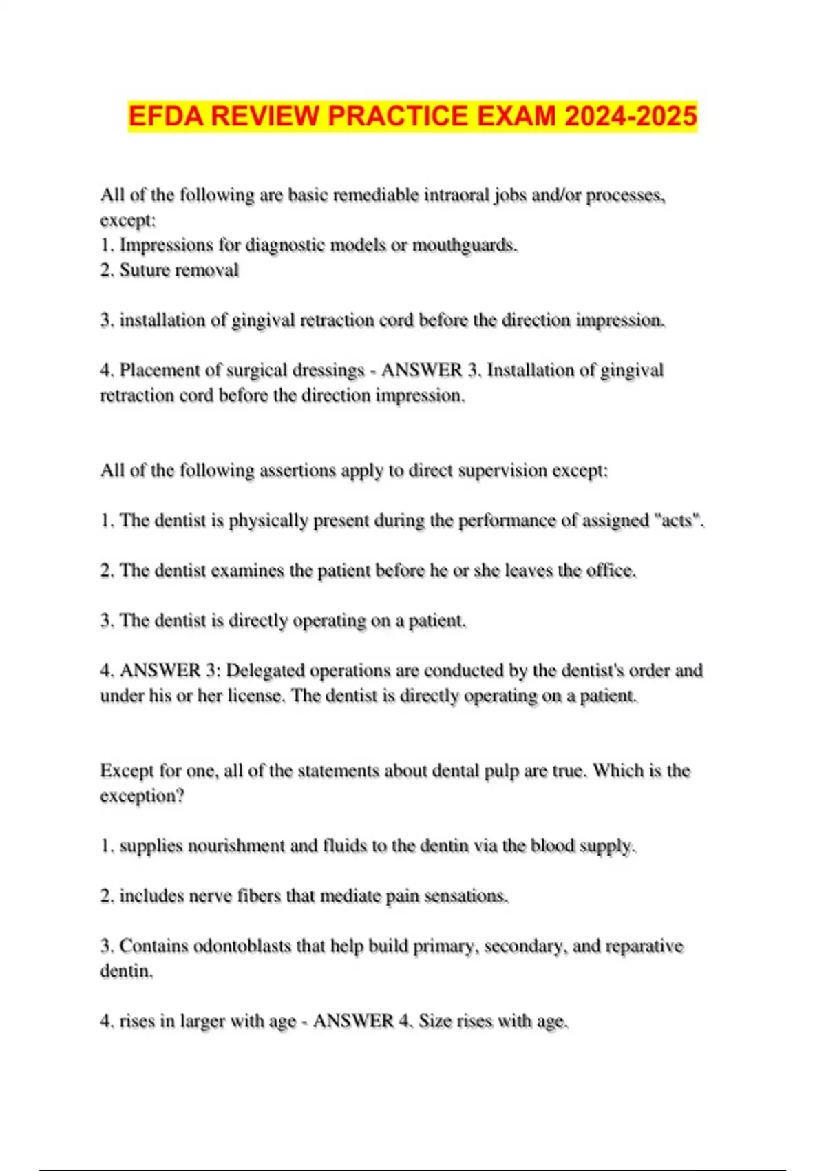 EFDA REVIEW PRACTICE EXAM - EFDA - Stuvia US