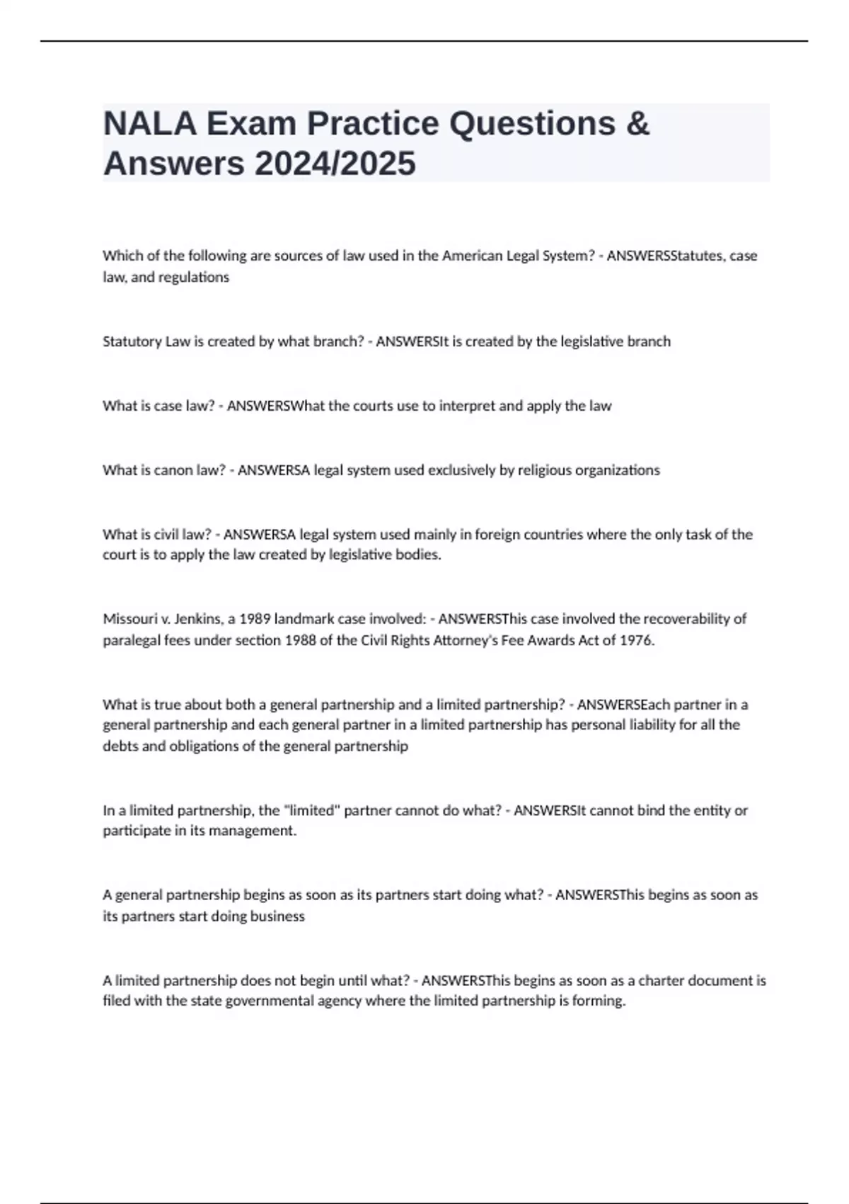 NALA Exam Practice Questions & Answers 2024/2025 - NALA - Stuvia US