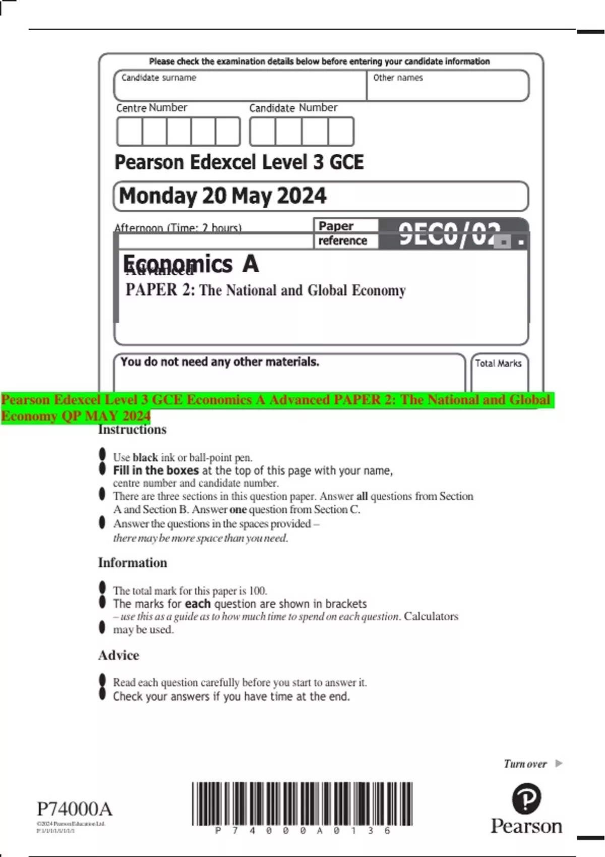 Pearson Edexcel Level 3 GCE Economics A Advanced PAPER 2: The National ...