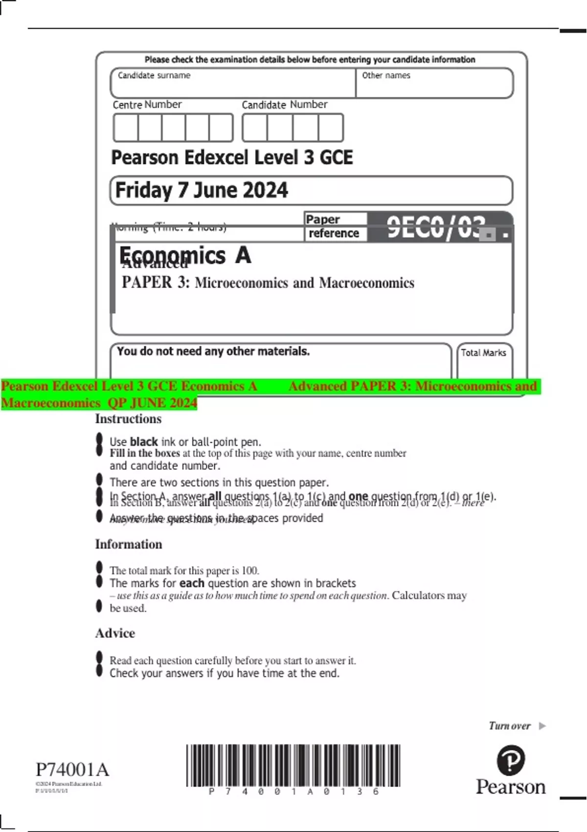 Pearson Edexcel Level 3 GCE Economics A Advanced PAPER 3 ...