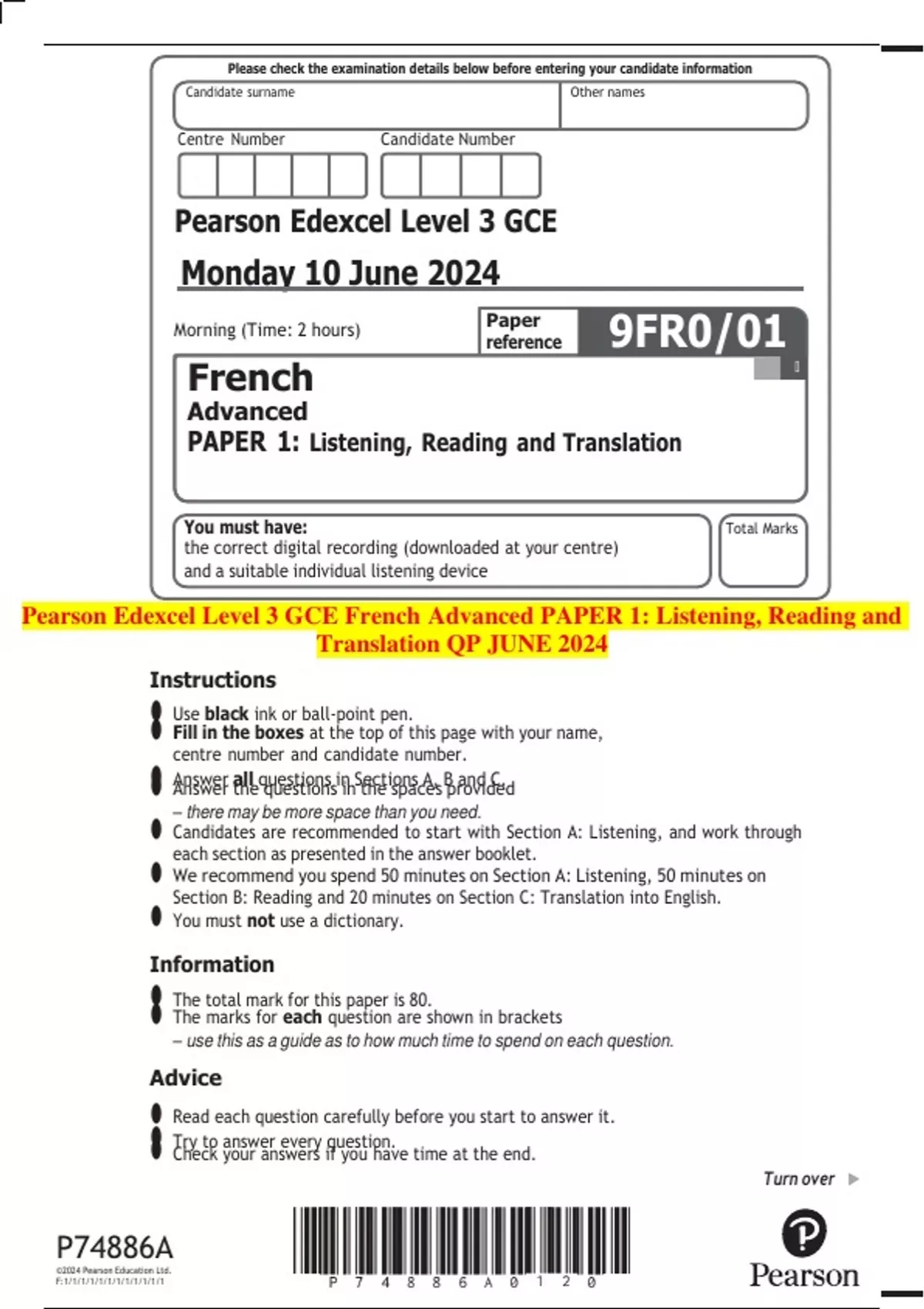 Pearson Edexcel Level 3 GCE French Advanced PAPER 1: Listening, Reading ...