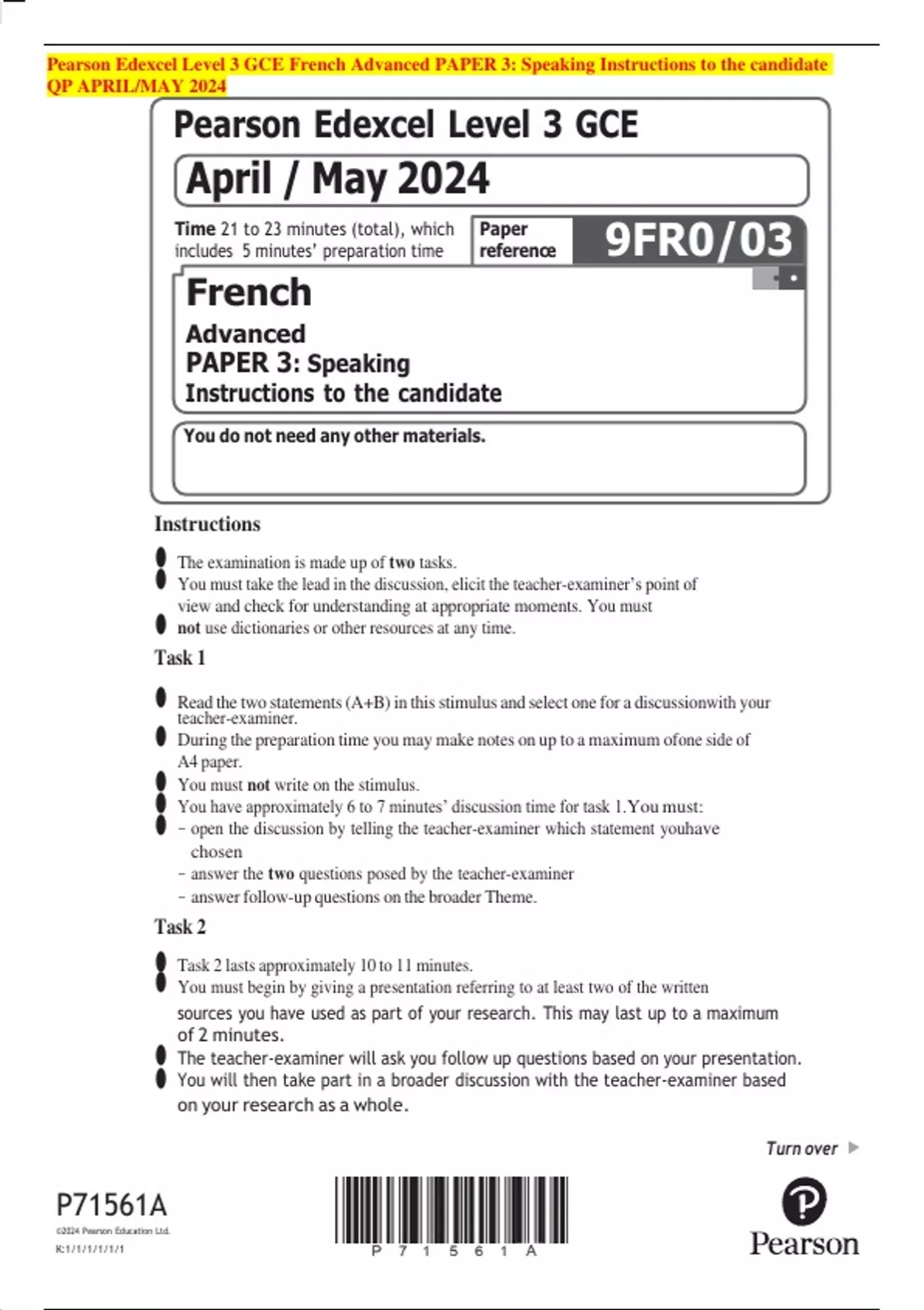 Pearson Edexcel Level 3 GCE French Advanced PAPER 3: Speaking ...