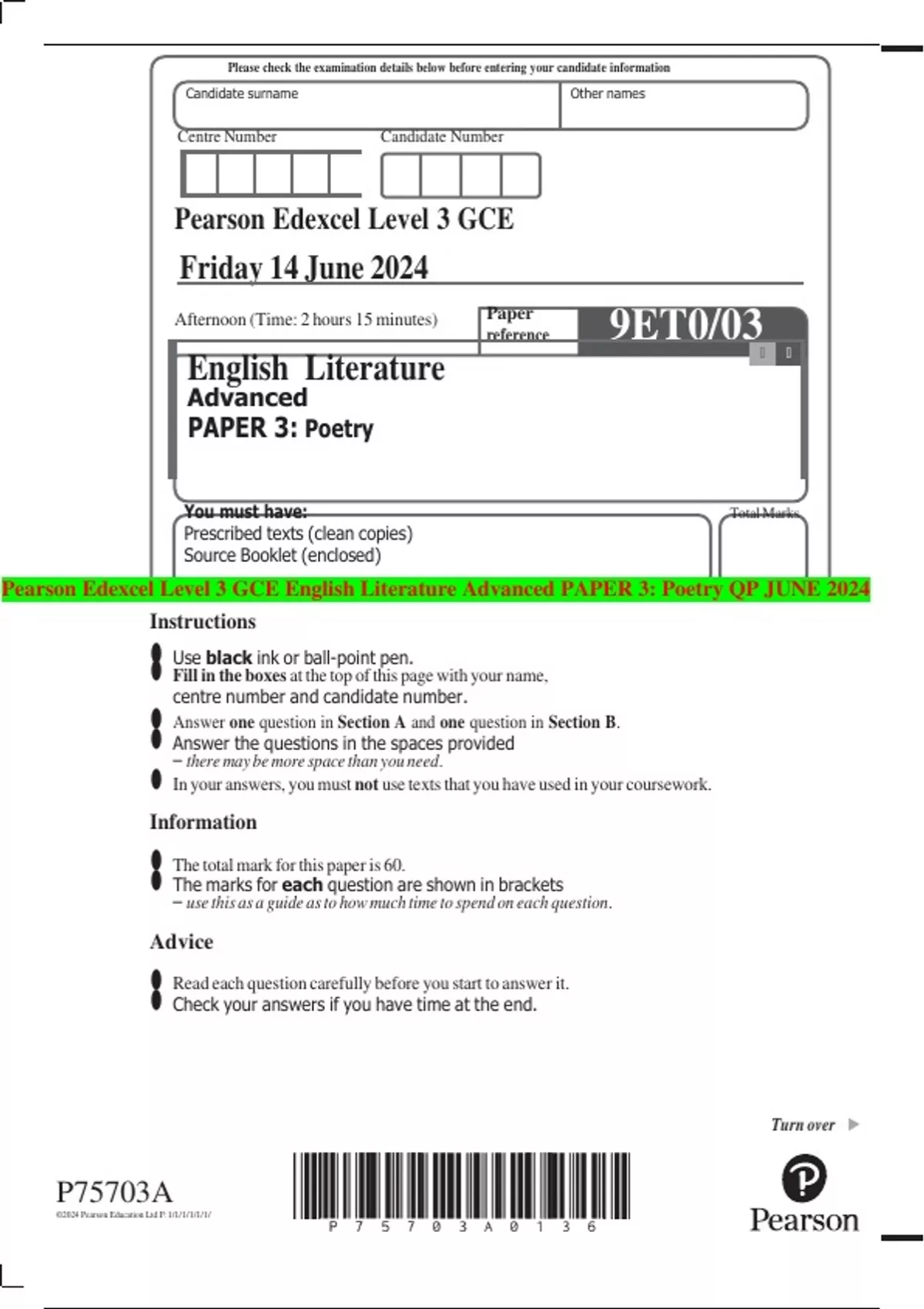 Pearson Edexcel Level 3 GCE English Literature Advanced PAPER 3: Poetry ...