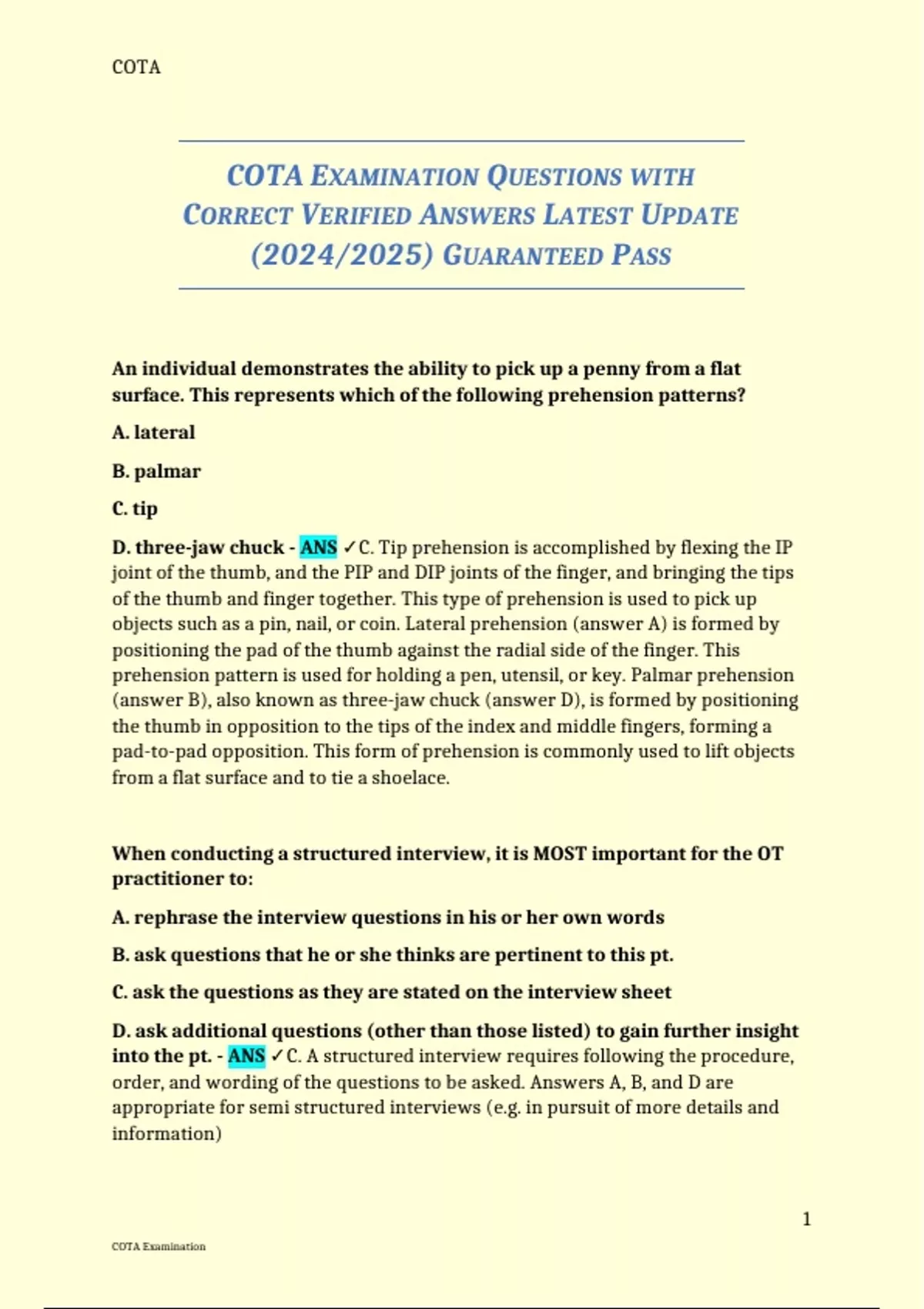 COTA EXAMINATION QUESTIONS WITH CORRECT VERIFIED ANSWERS LATEST UPDATE ...