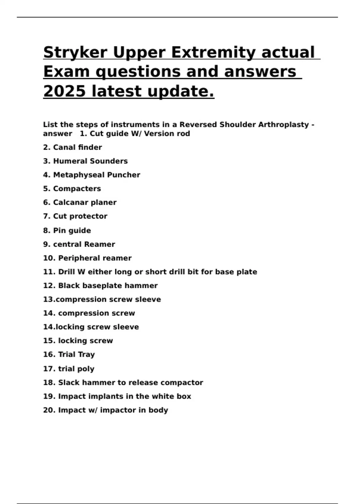 Stryker Upper Extremity actual Exam questions and answers 2025 latest ...