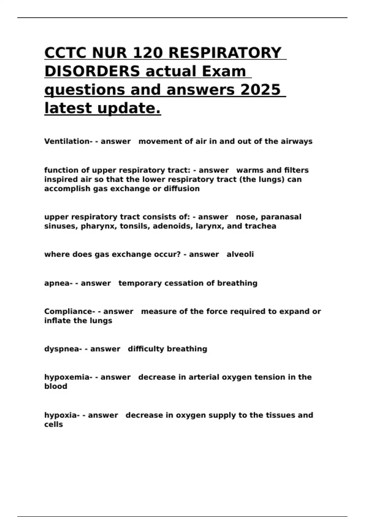CCTC NUR 120 RESPIRATORY DISORDERS actual Exam questions and answers ...