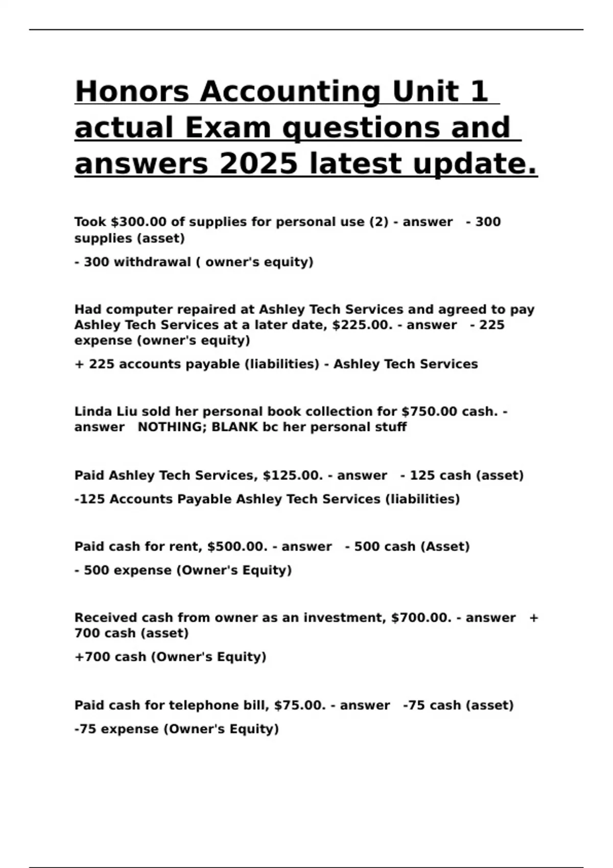 Honors Accounting Unit 1 actual Exam questions and answers 2025 latest ...