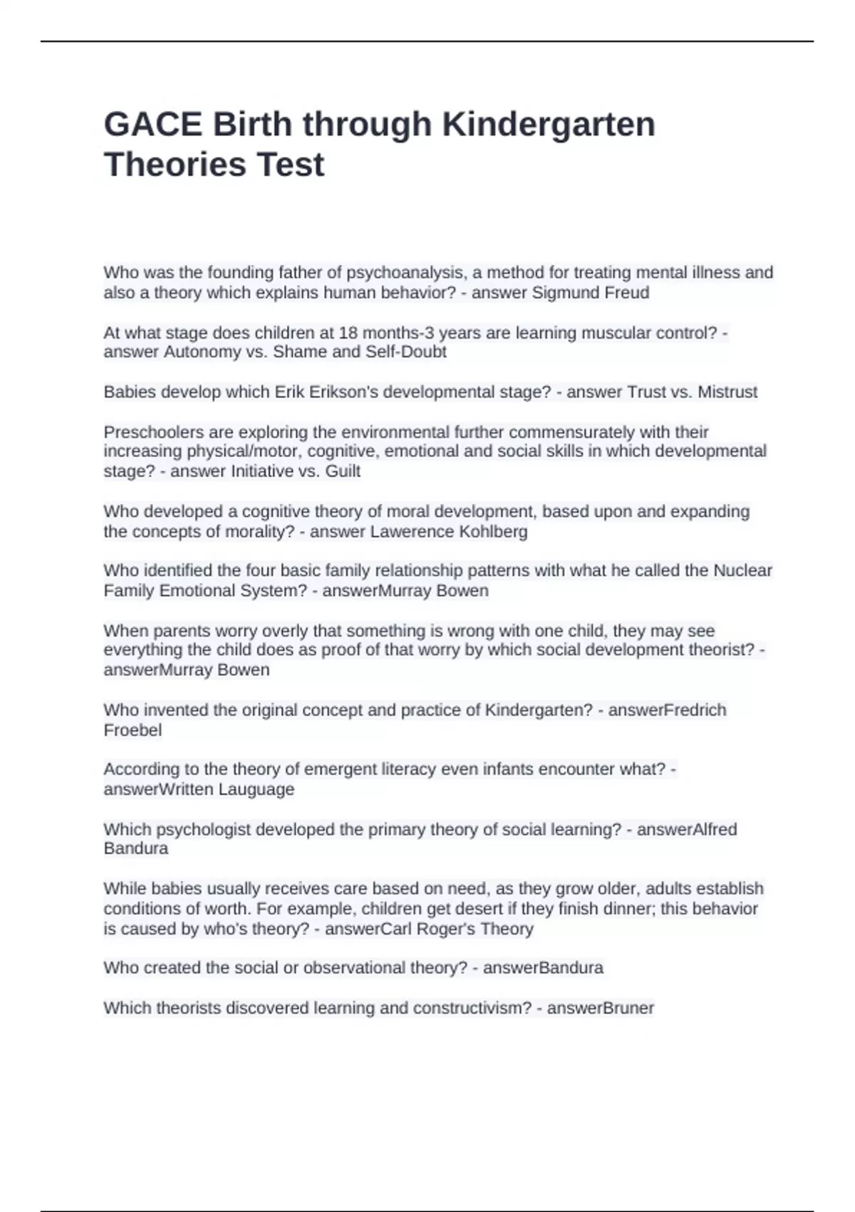 GACE Birth through Kindergarten Theories Test Questions and Answers ...