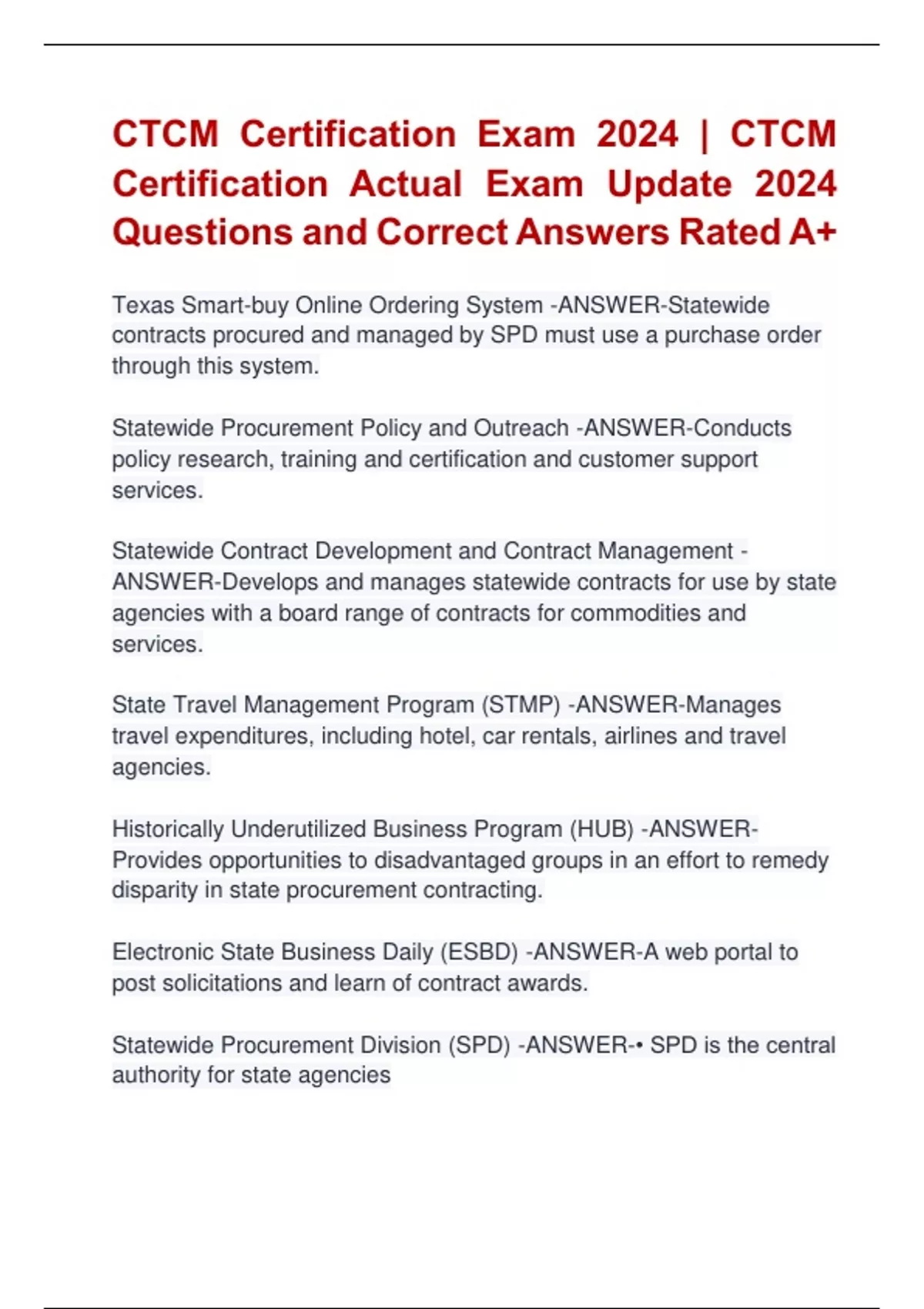 CTCM Certification Exam 2024 | CTCM Certification Actual Exam Update 2024 Questions and Correct ...