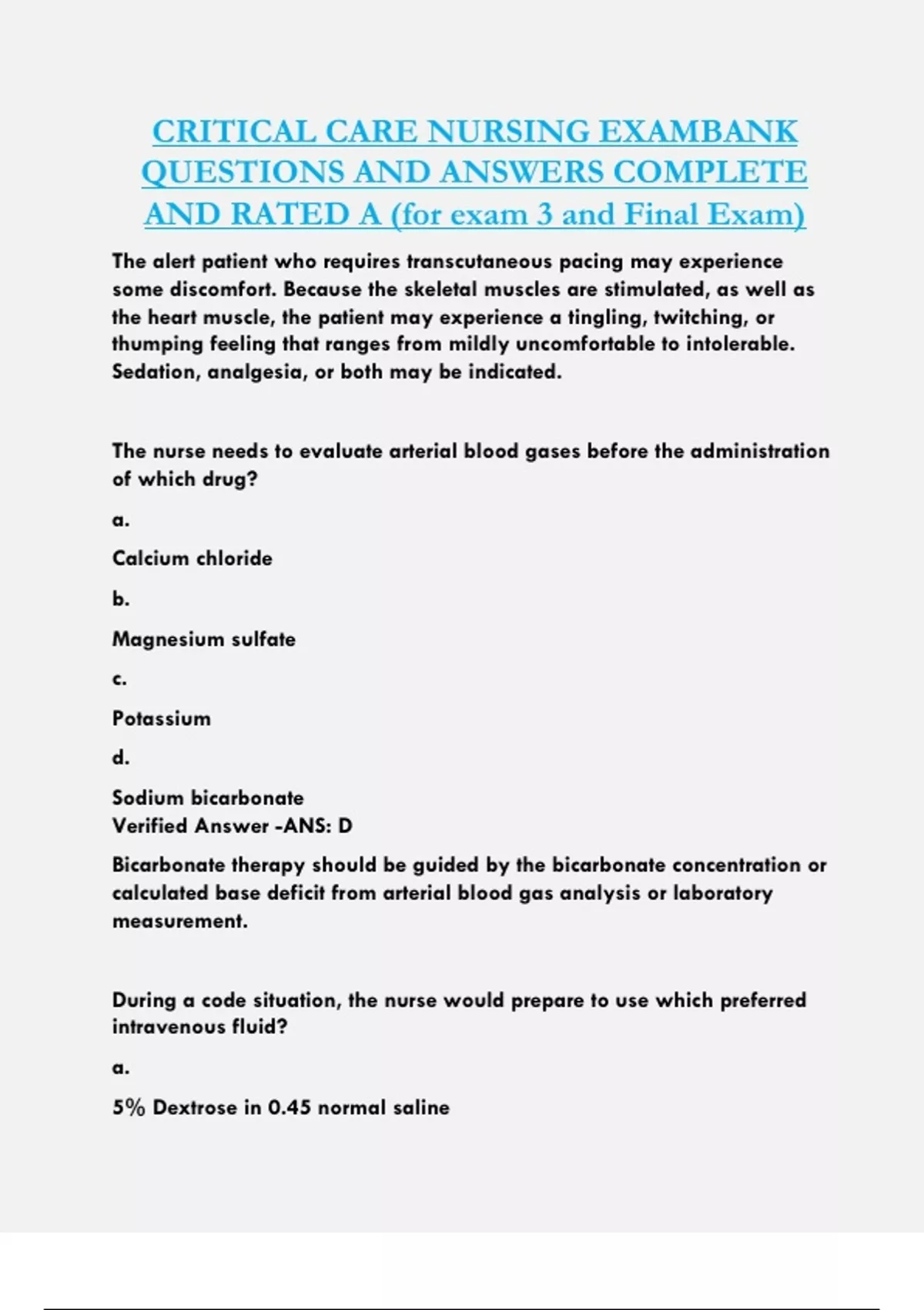 CRITICAL CARE NURSING EXAMBANK QUESTIONS AND ANSWERS COMPLETE AND RATED ...