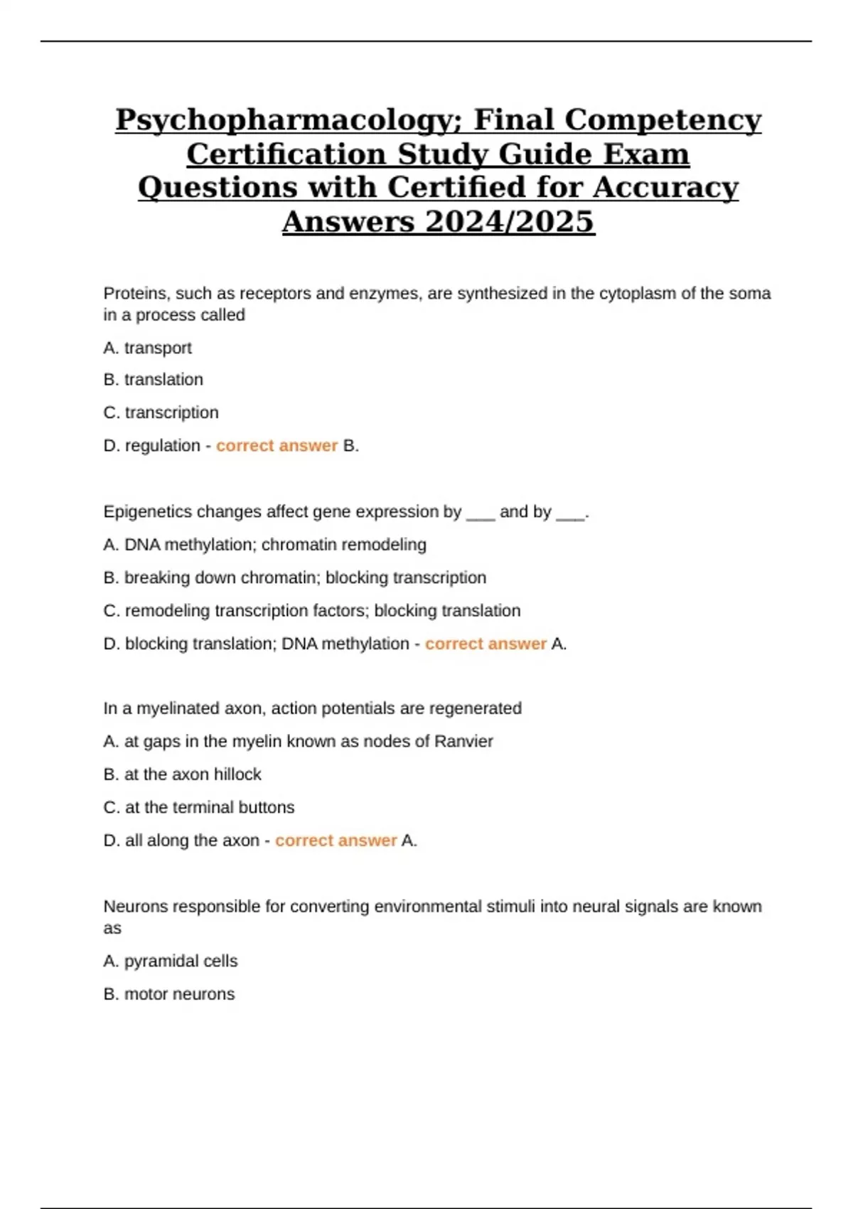 Psychopharmacology; Final Competency Certification Study Guide Exam Questions with Certified for ...