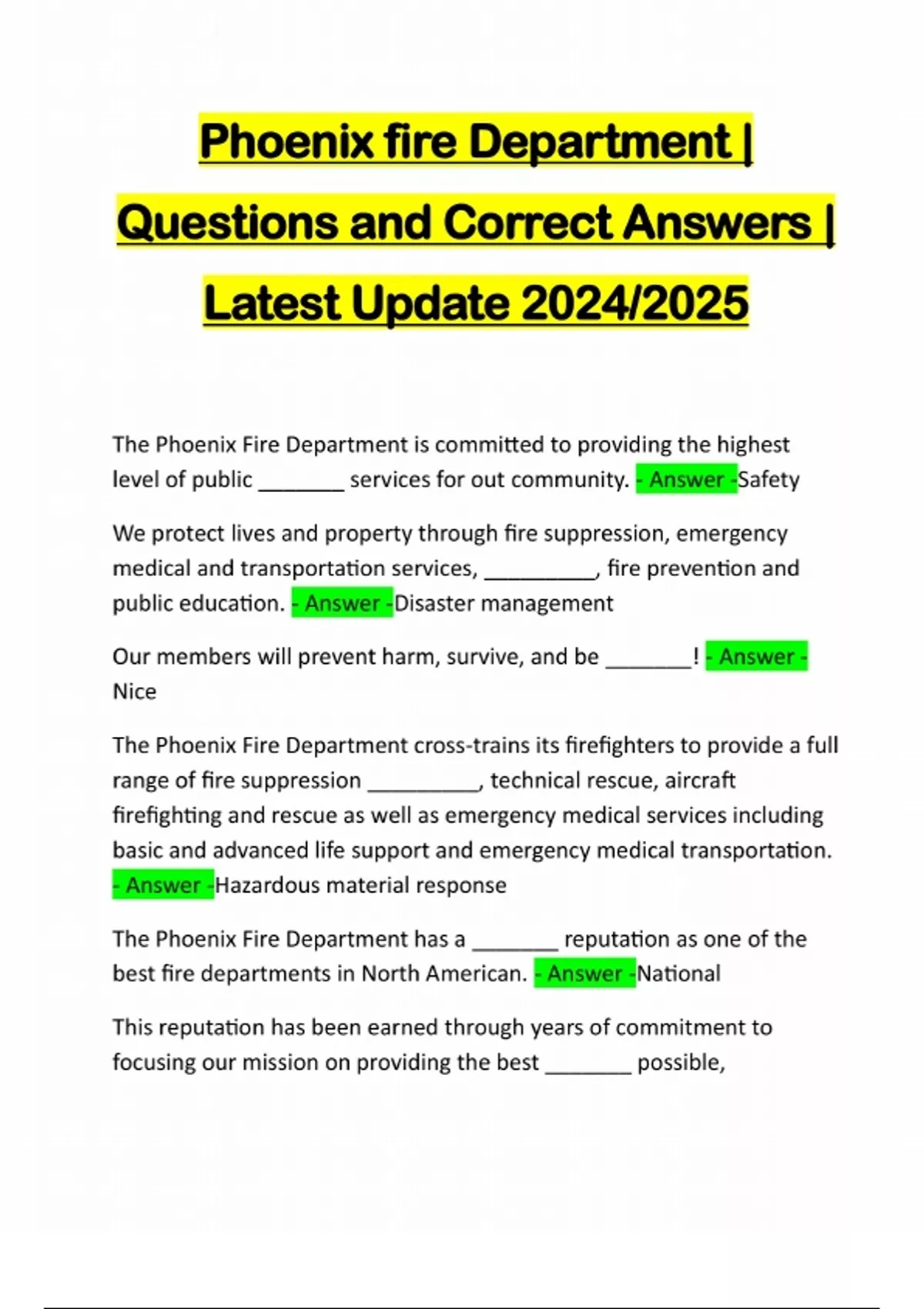 Phoenix fire Department | Questions and Correct Answers | Latest Update ...