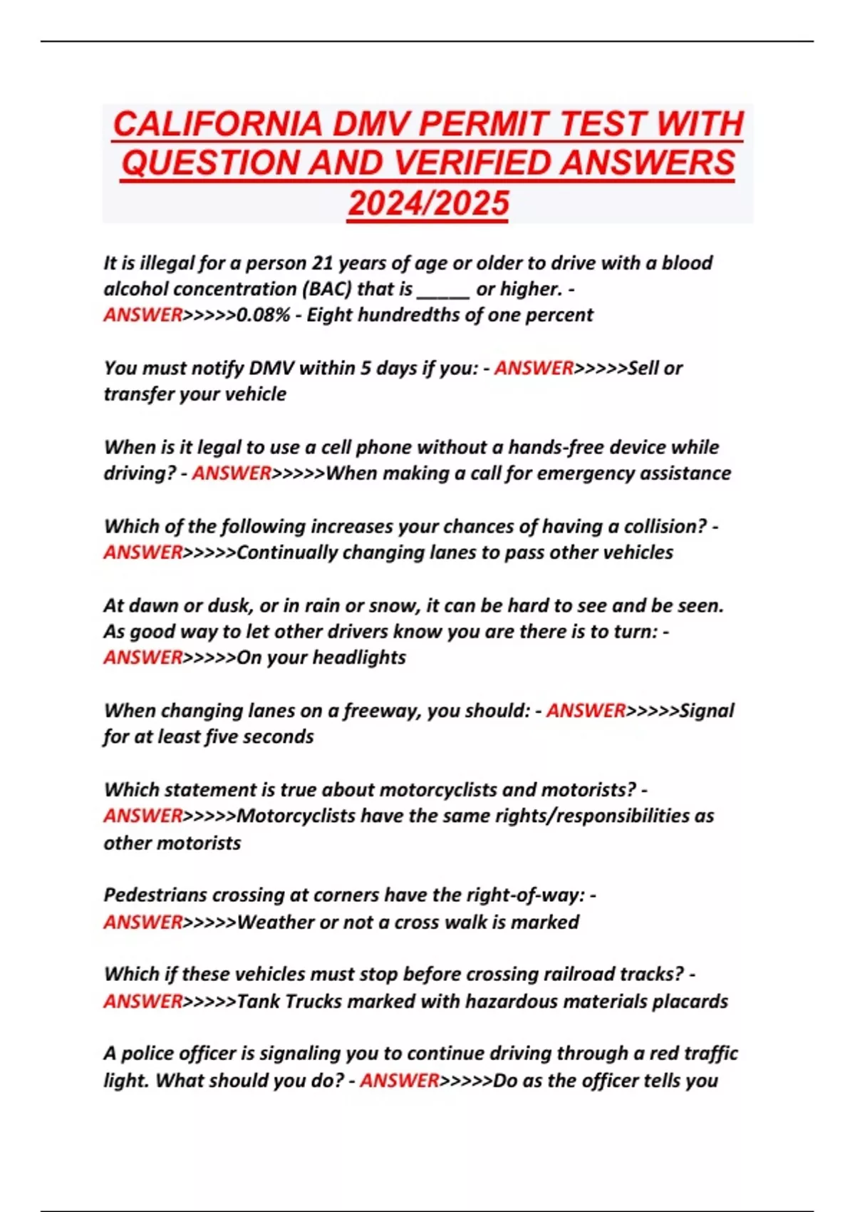 CALIFORNIA DMV PERMIT TEST WITH QUESTION AND VERIFIED ANSWERS 2024/2025 ...