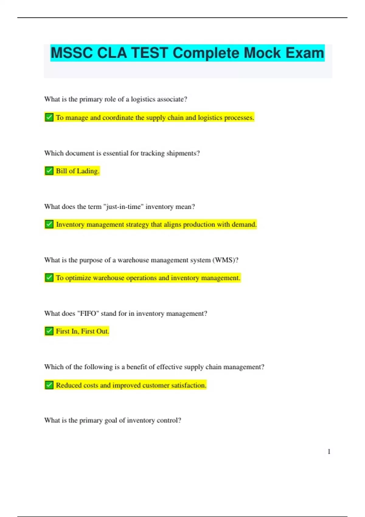 MSSC CLA TEST Complete Mock Exam - MSSC - Stuvia US