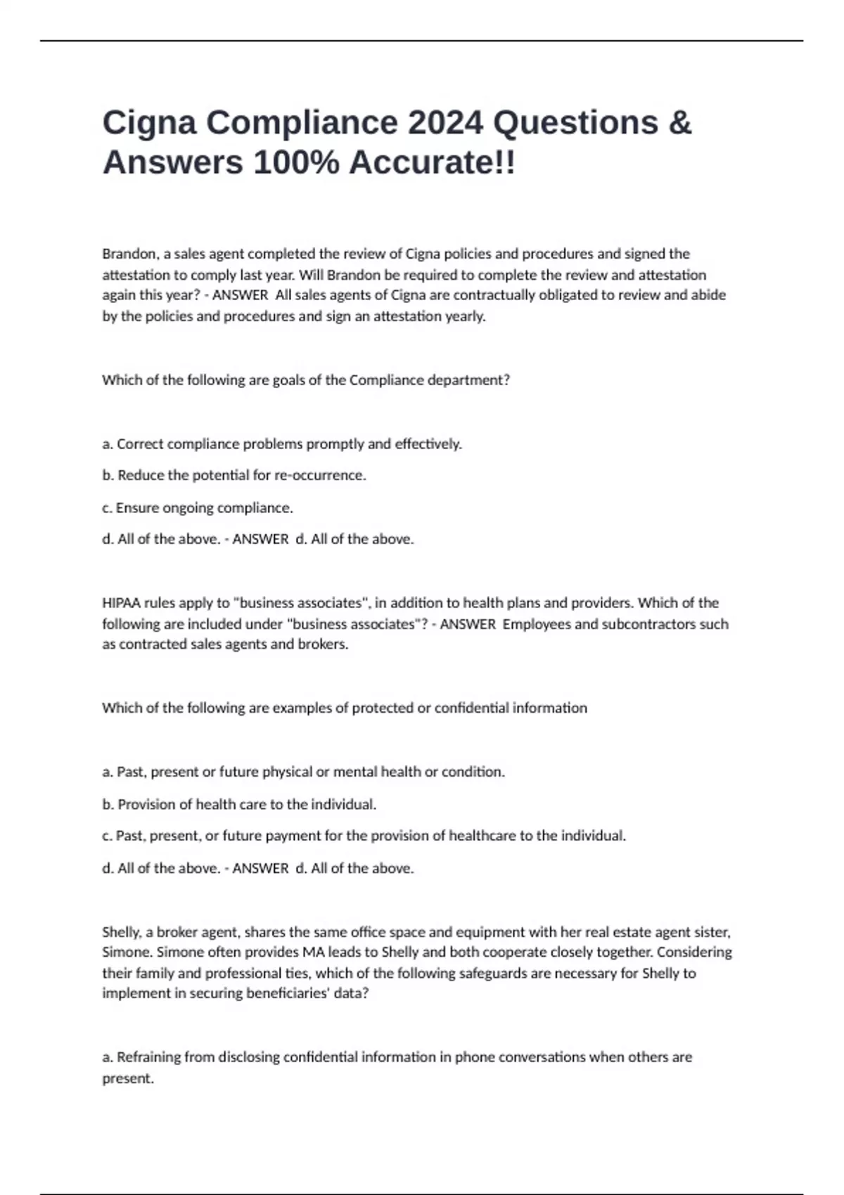 Cigna Compliance 2024 Questions & Answers 100% Accurate!! - Cigna ...