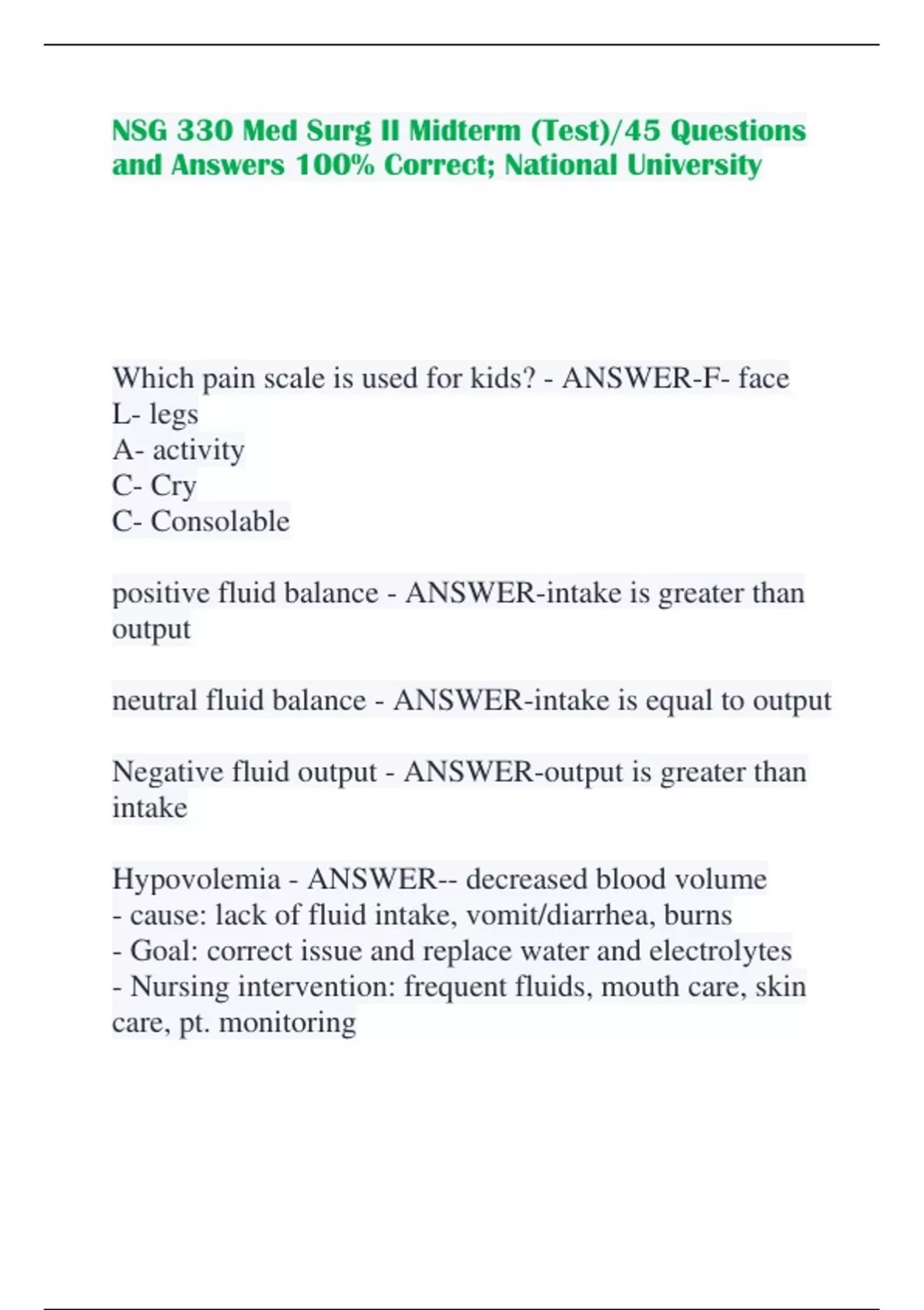 NSG 330 Med Surg II Midterm (Test)/45 Questions and Answers 100% ...