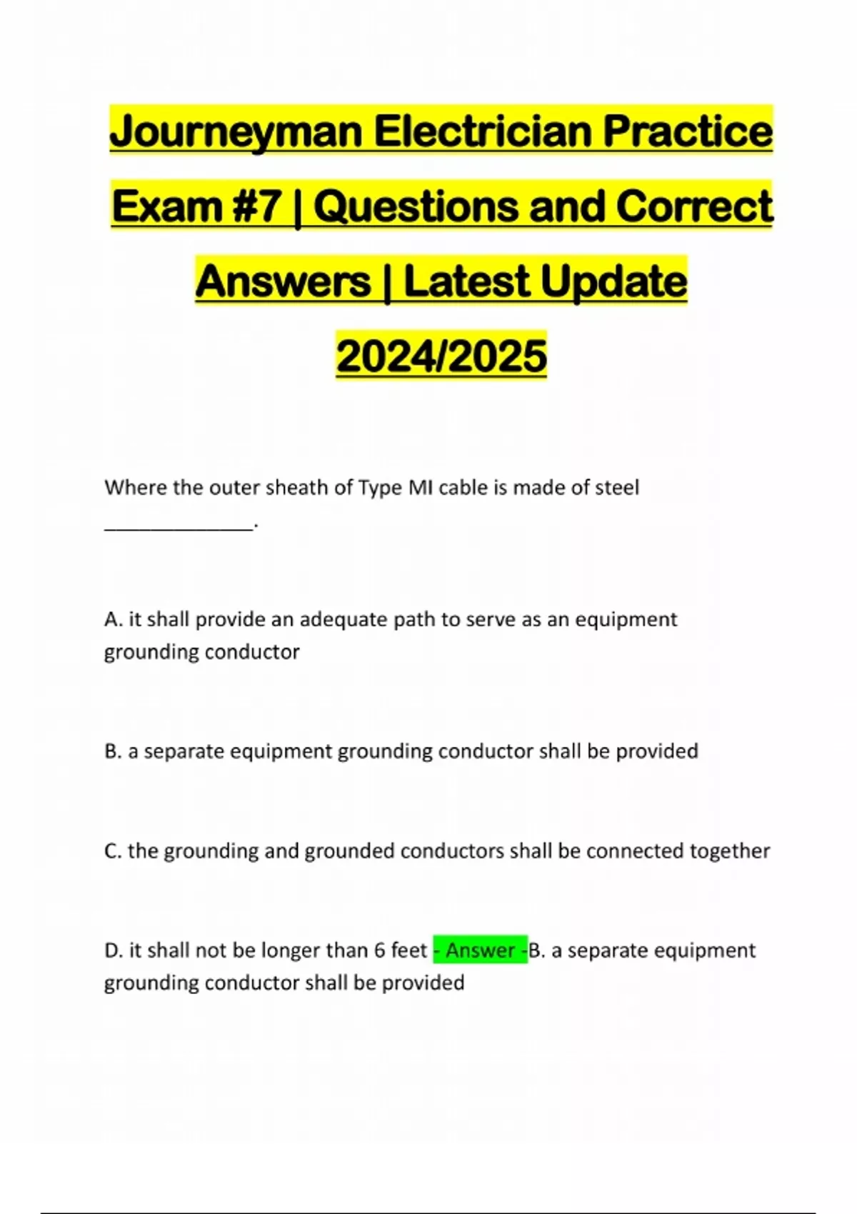 Journeyman Electrician Practice Exam #7 | Questions and Correct Answers ...