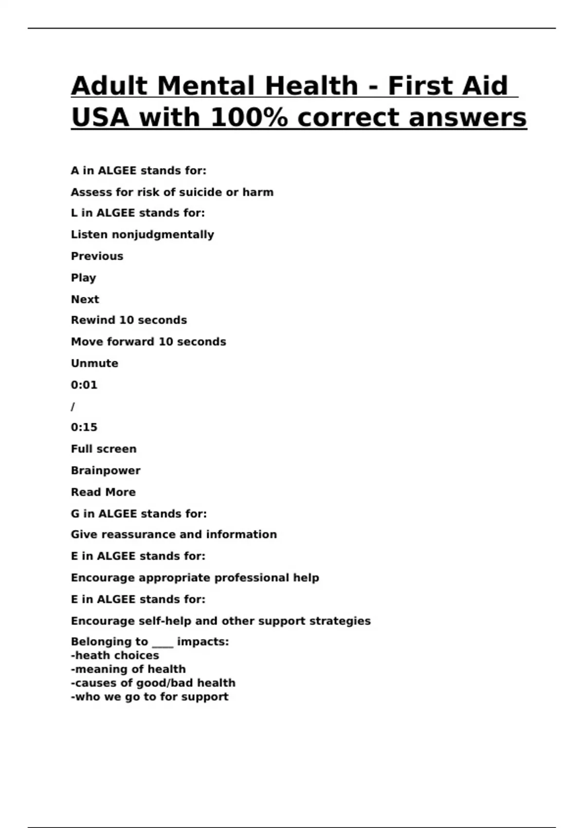 Adult Mental Health - First Aid USA with 100- correct answers - MHFA ...